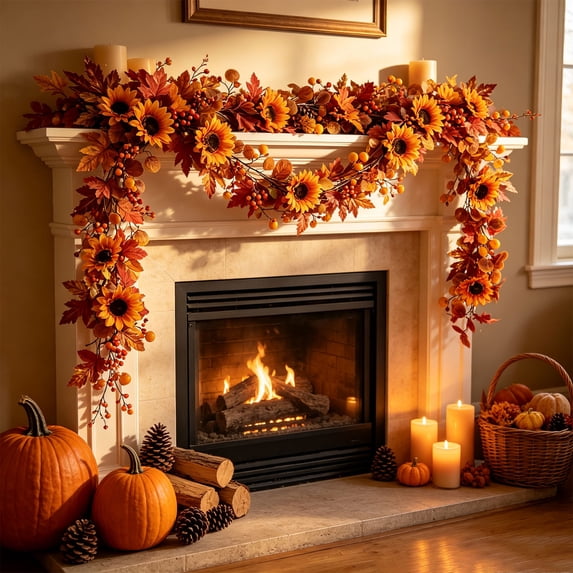 Artificial Fall Garland 78.74 Inch Faux Sunflower Pumpkin Maple Leaf ...