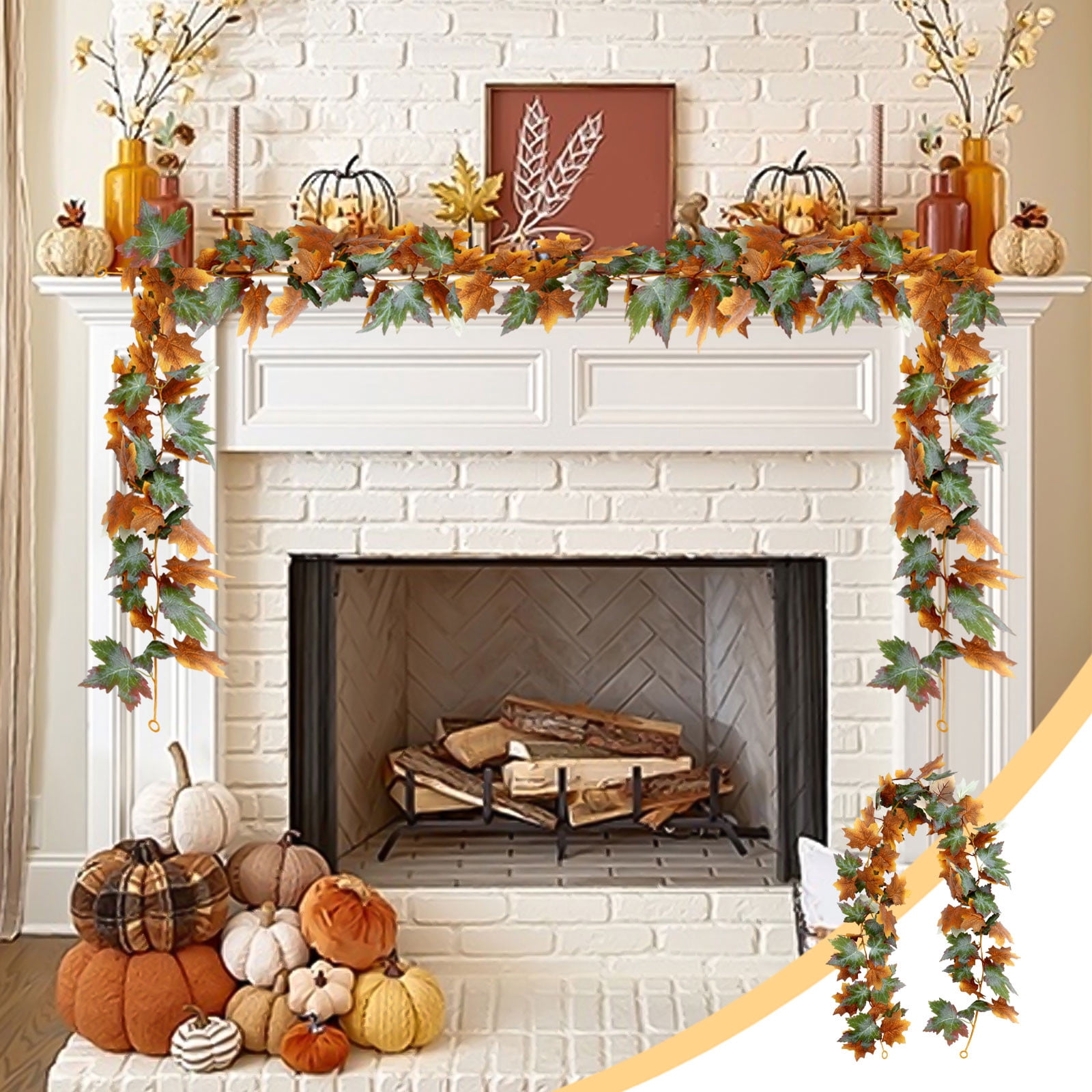 Artificial Fall Maple Leaves Garland Hanging Vine 5.8Ft Fake Pumpkin ...