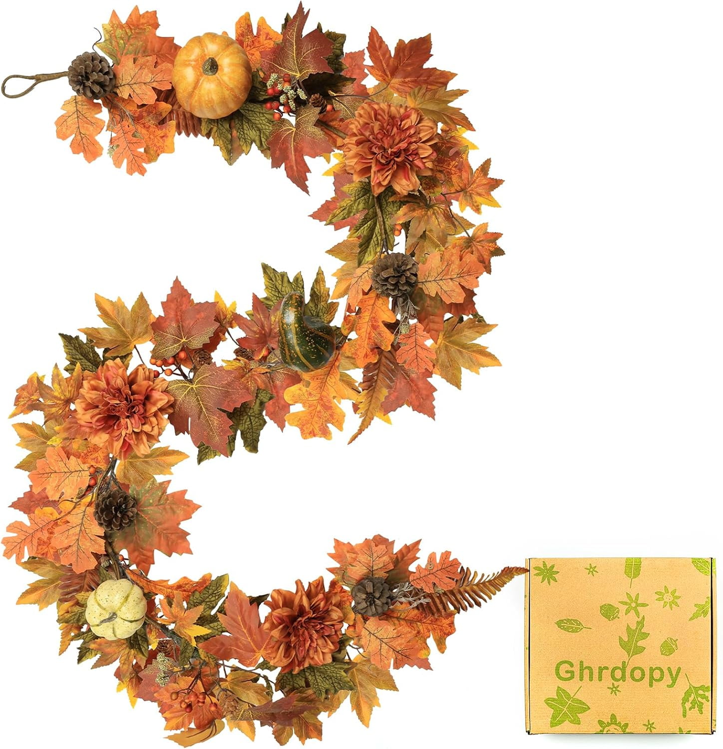 Artificial Fall Maple Leaves Garland Hanging Vine 6Ft Fake Pumpkin Pine ...