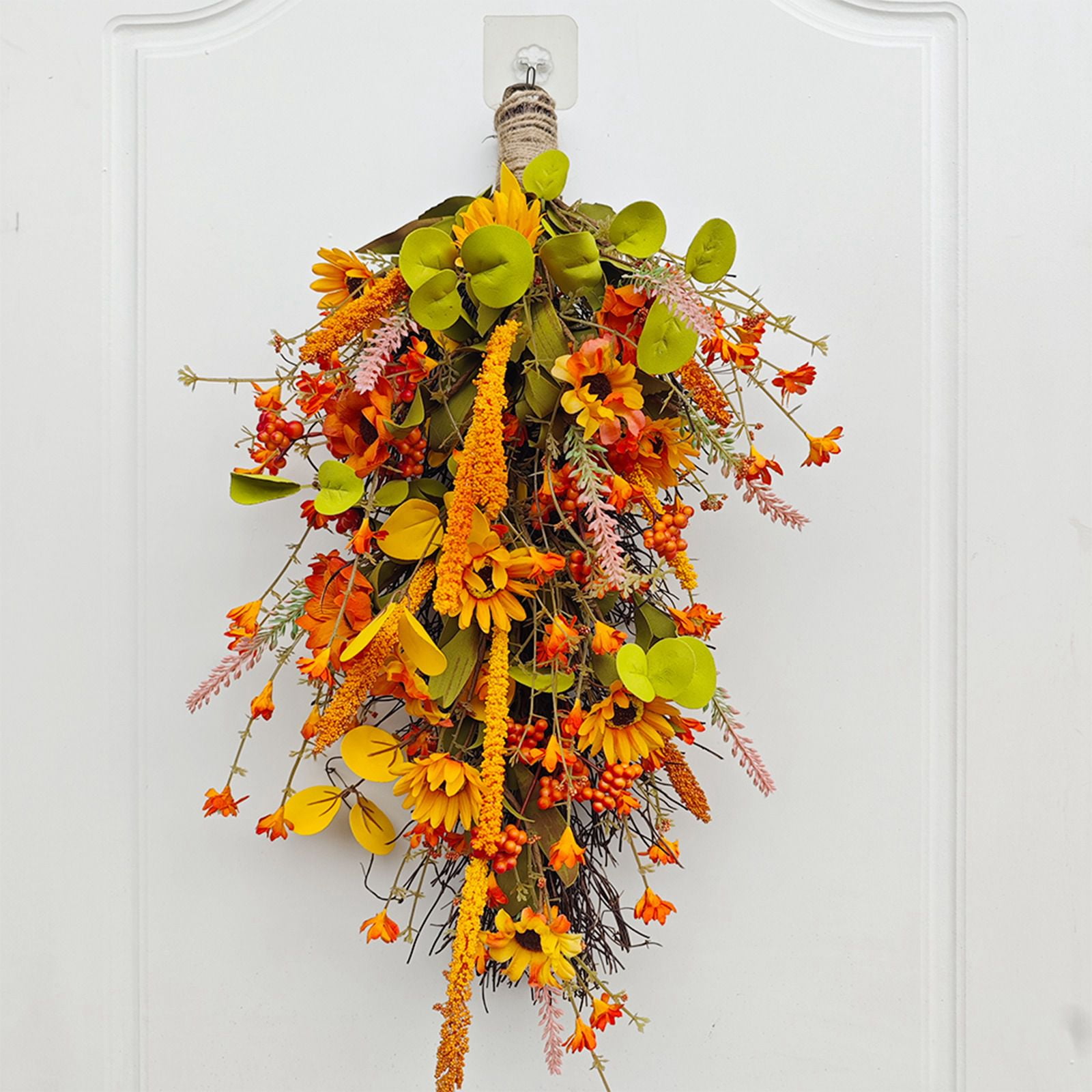 Artificial Fall Teardrop Swag Autumn Sunflowers Pumpkins Leaves Berries ...