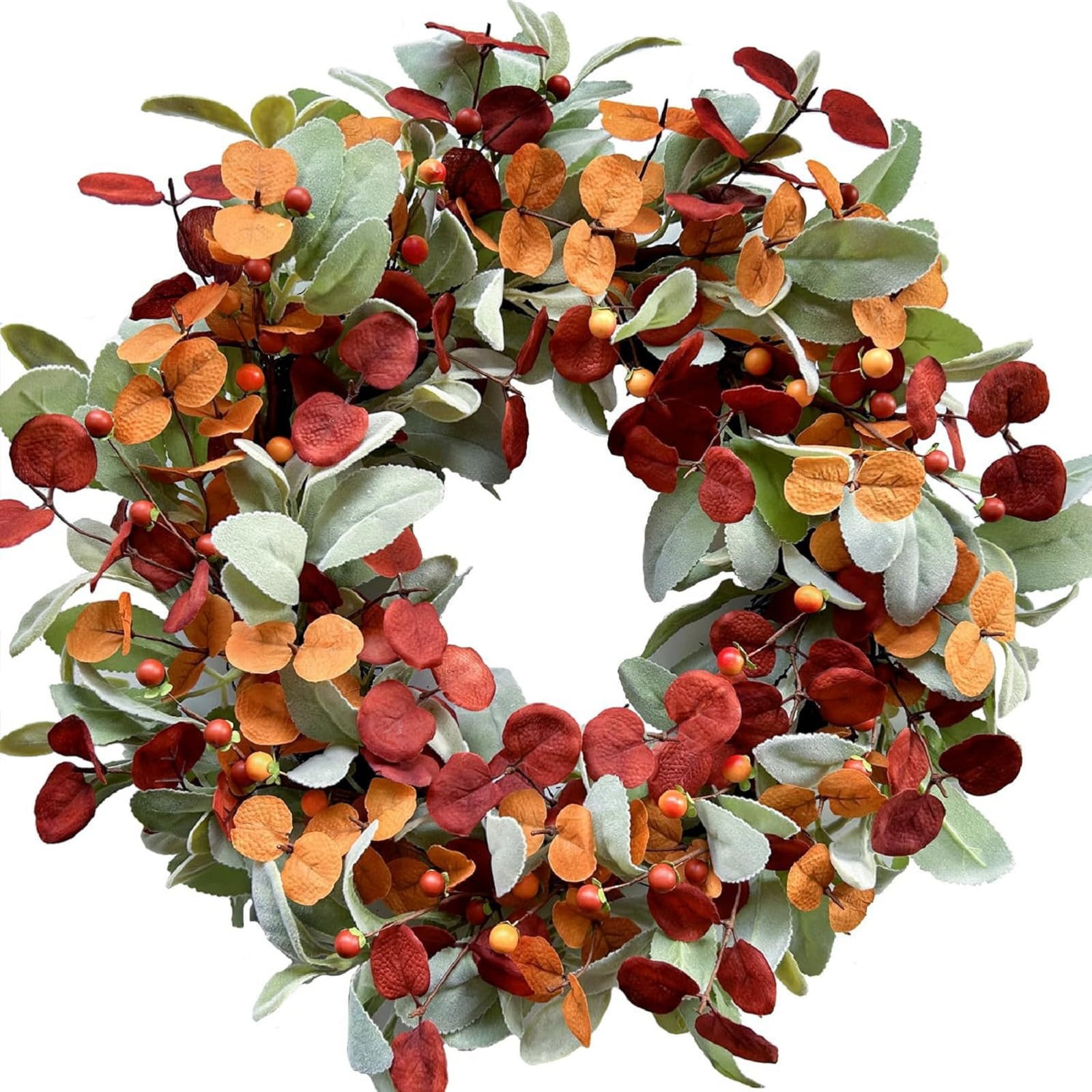 Artificial Fall Wreath with Lambs Ears, Eucalyptus Leaves & Berries ...