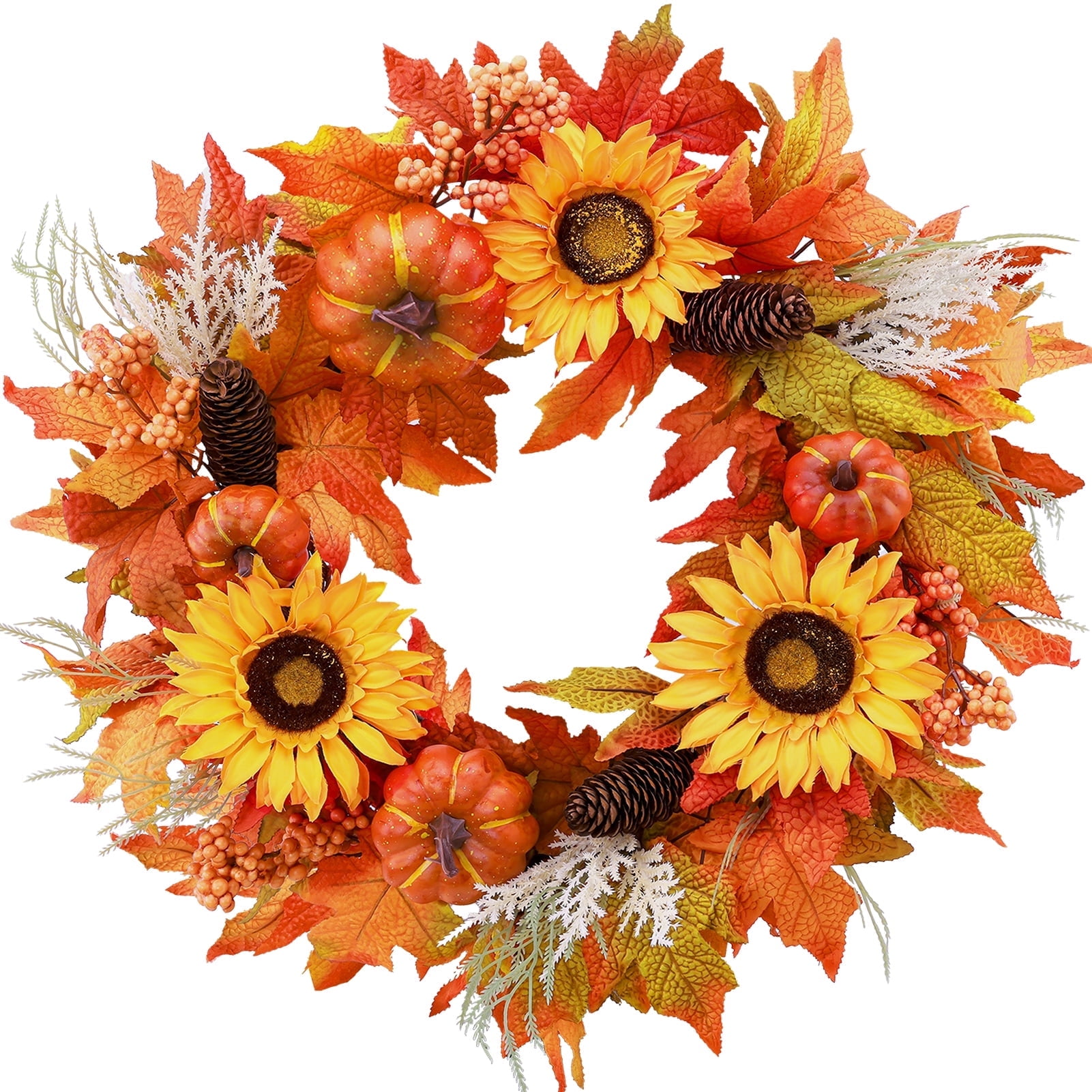 22 inch Fall Wreaths for Front Door, Artificial Sunflowers Pumpkin ...