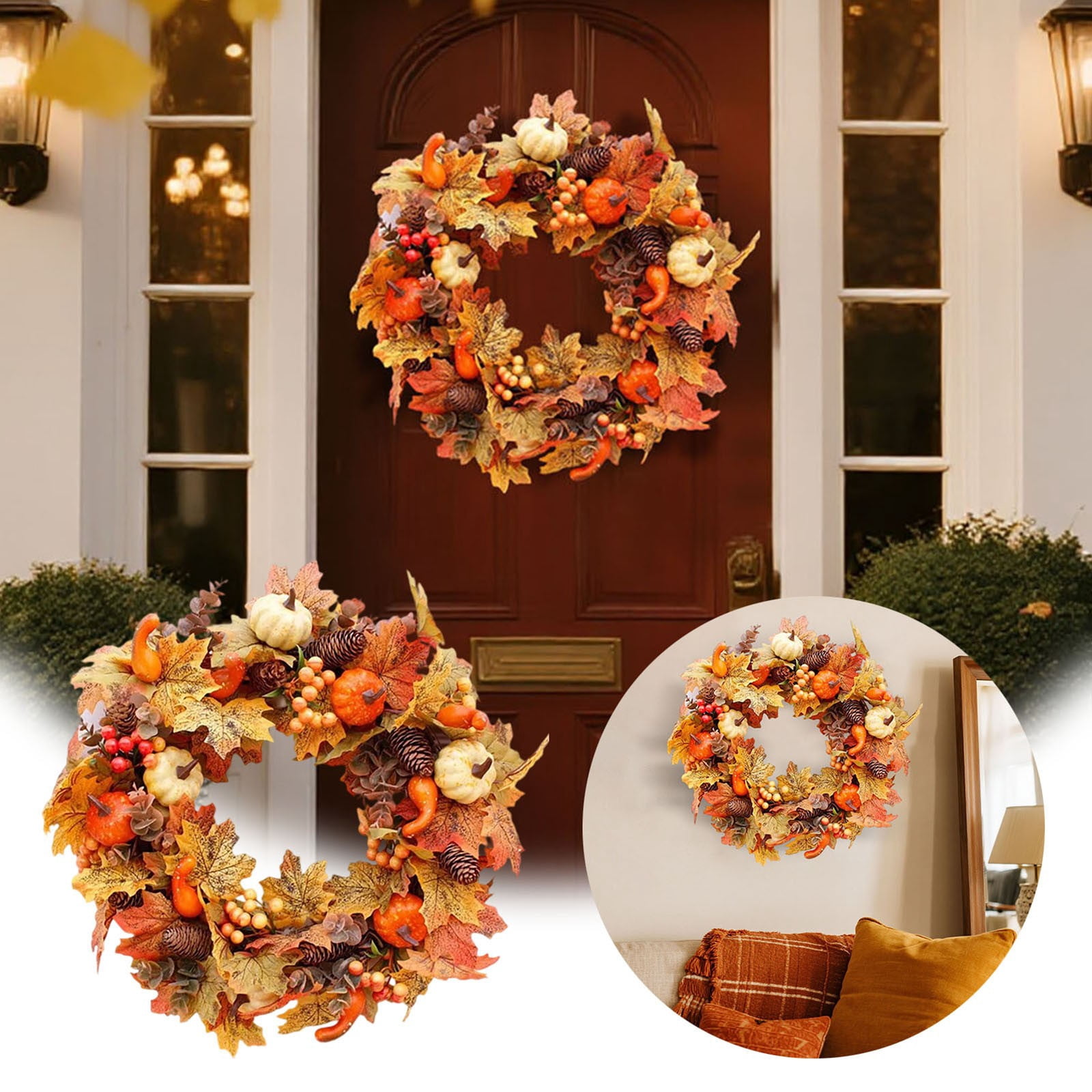 Artificial Fall Wreaths for Front Door 16 Inch Autumn Pumpkin Wreath ...