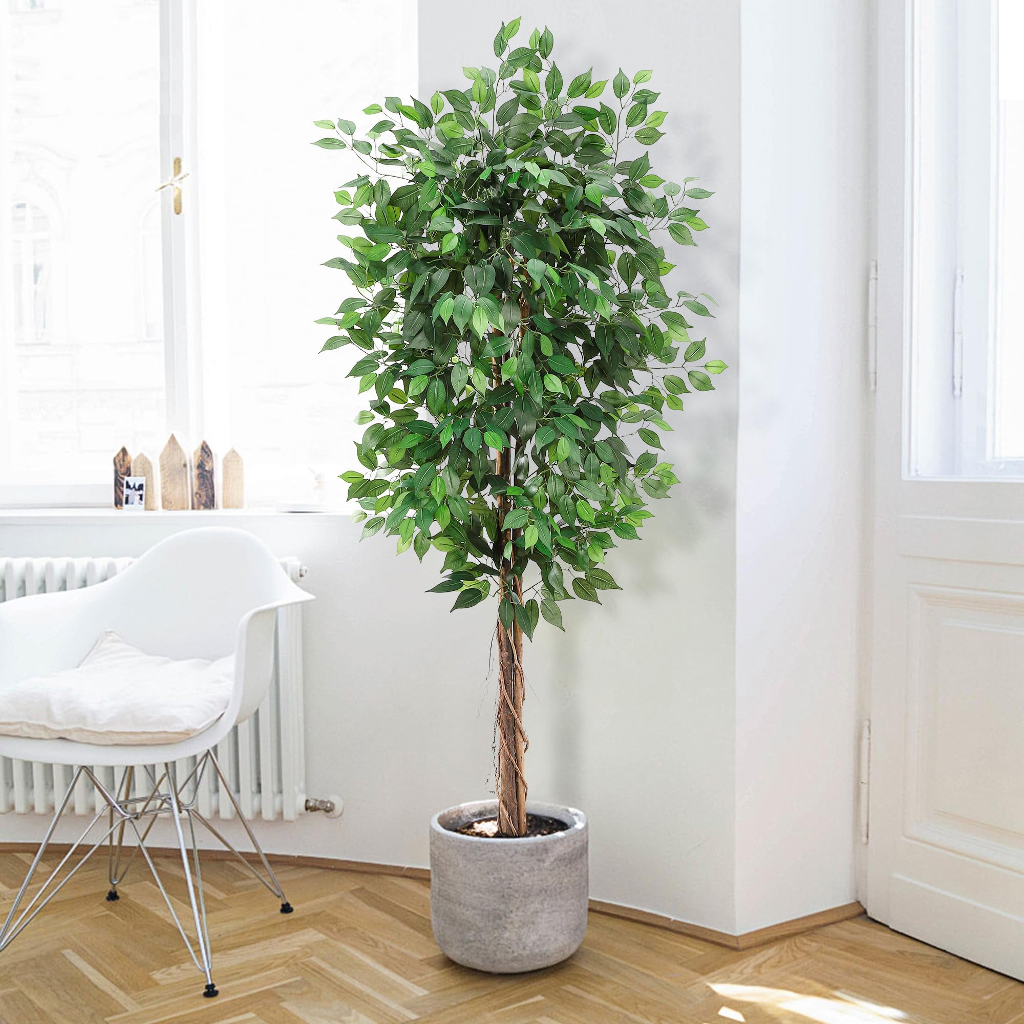 Artificial Ficus Tree,Tall Fake Ficus Silk Tree with Natural Wood Trunk ...