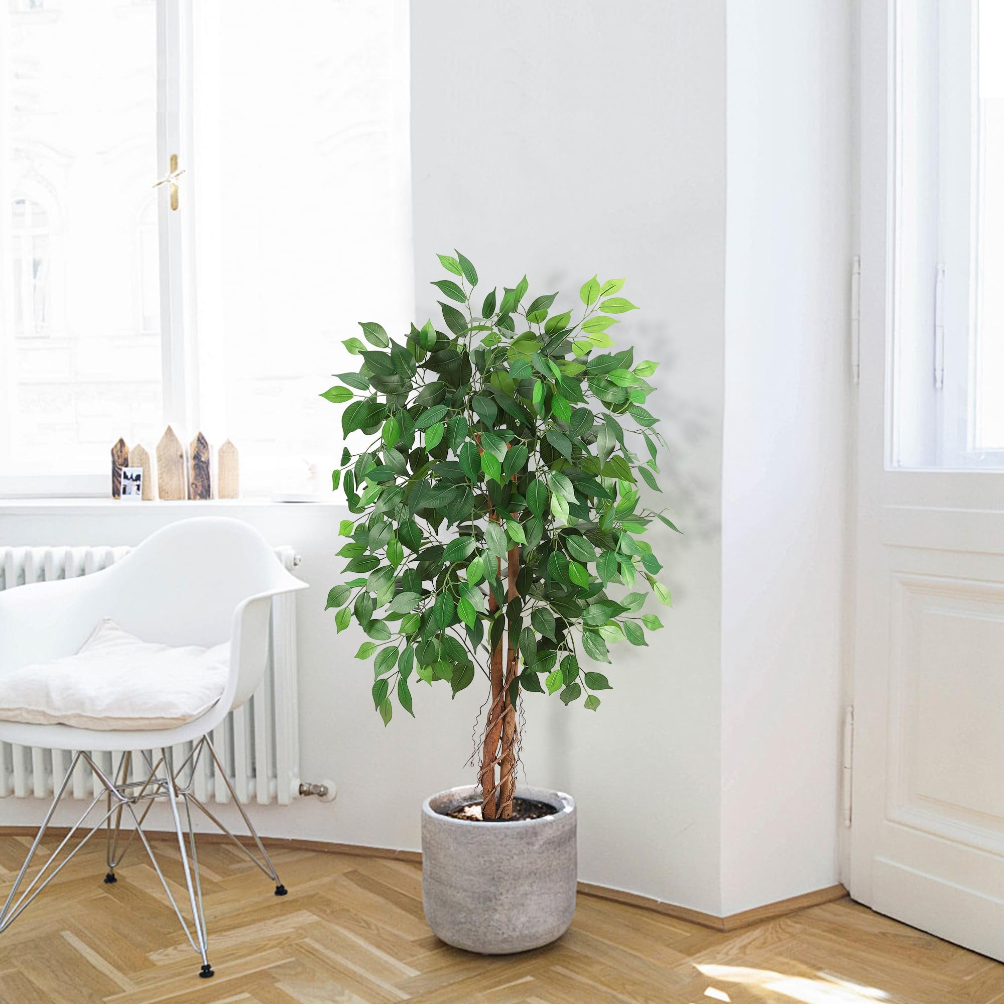 Artificial Ficus Tree,Tall Fake Ficus Silk Tree with Natural Wood Trunk ...