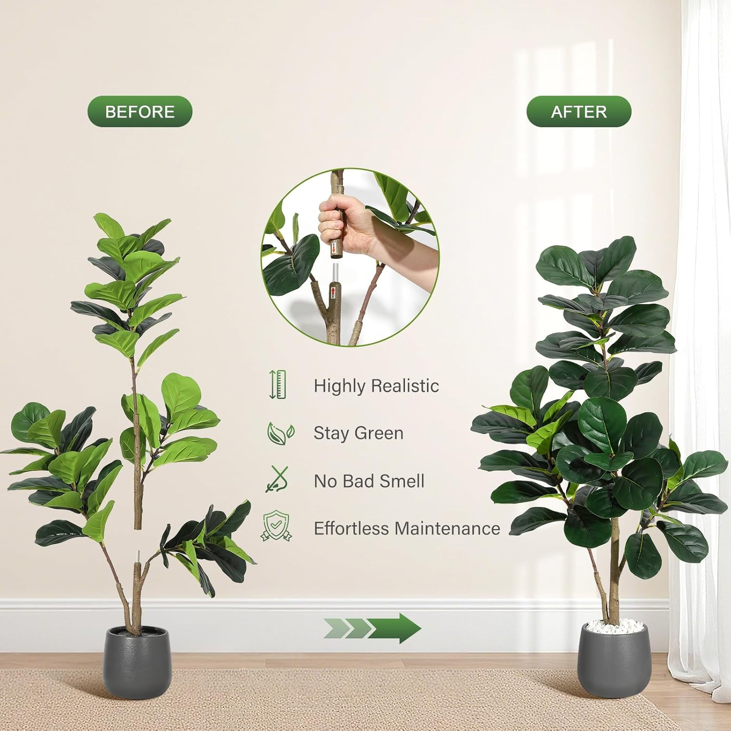 Artificial Fiddle Leaf Fig Tree – 4FT Realistic Faux Ficus Lyrata, 48 ...