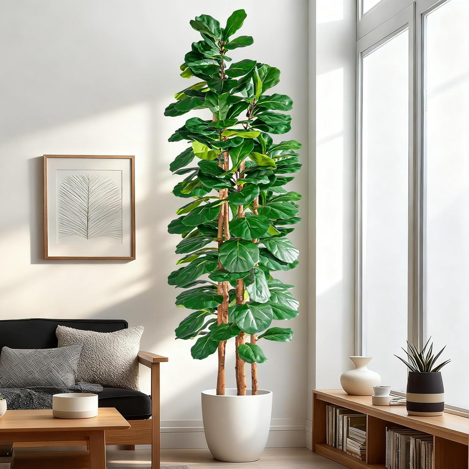 Artificial Fiddle Leaf Fig Tree Faux Fig Tree Indoor with Natural Wood ...