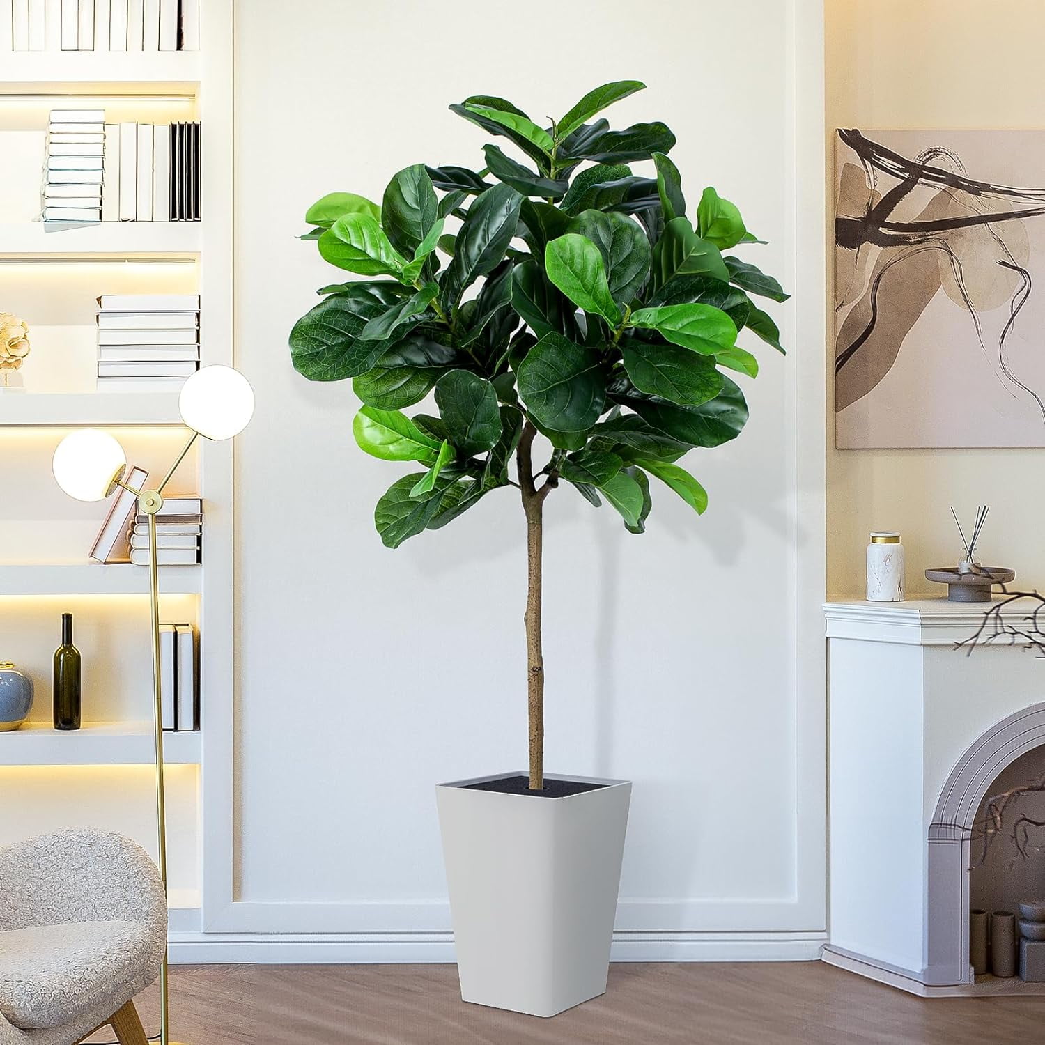 Artificial Fiddle Leaf Fig Tree with White Tall Planter, 5ft Tall ...