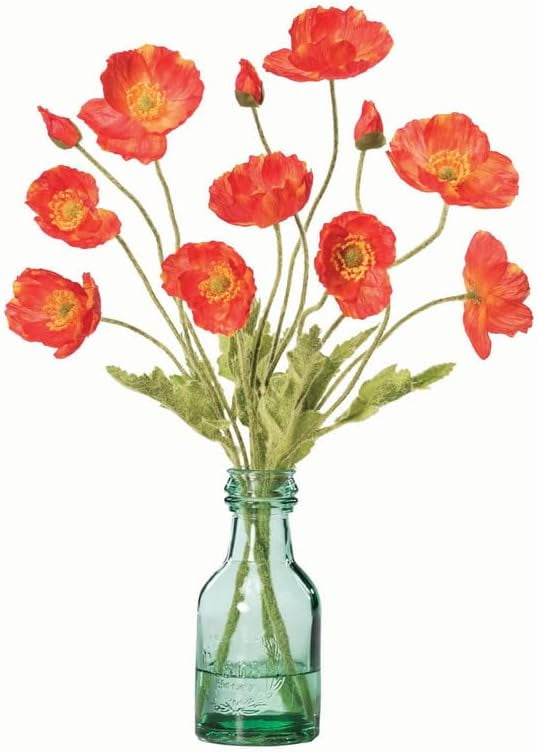Artificial Flame Colored Poppies in Green Glass Vase, Silk Flower ...