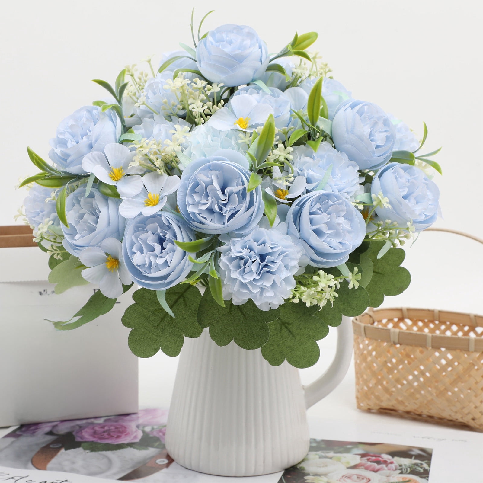 Artificial Flower Bouquet Realistic Silk Peony Rose Hydrangea Mixed Arrangement with Greenery ...