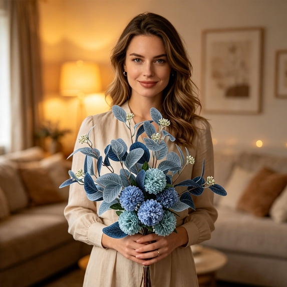 Artificial Flower Bouquet in Vase, Ball Chrysanthemum with Eucalyptus ...