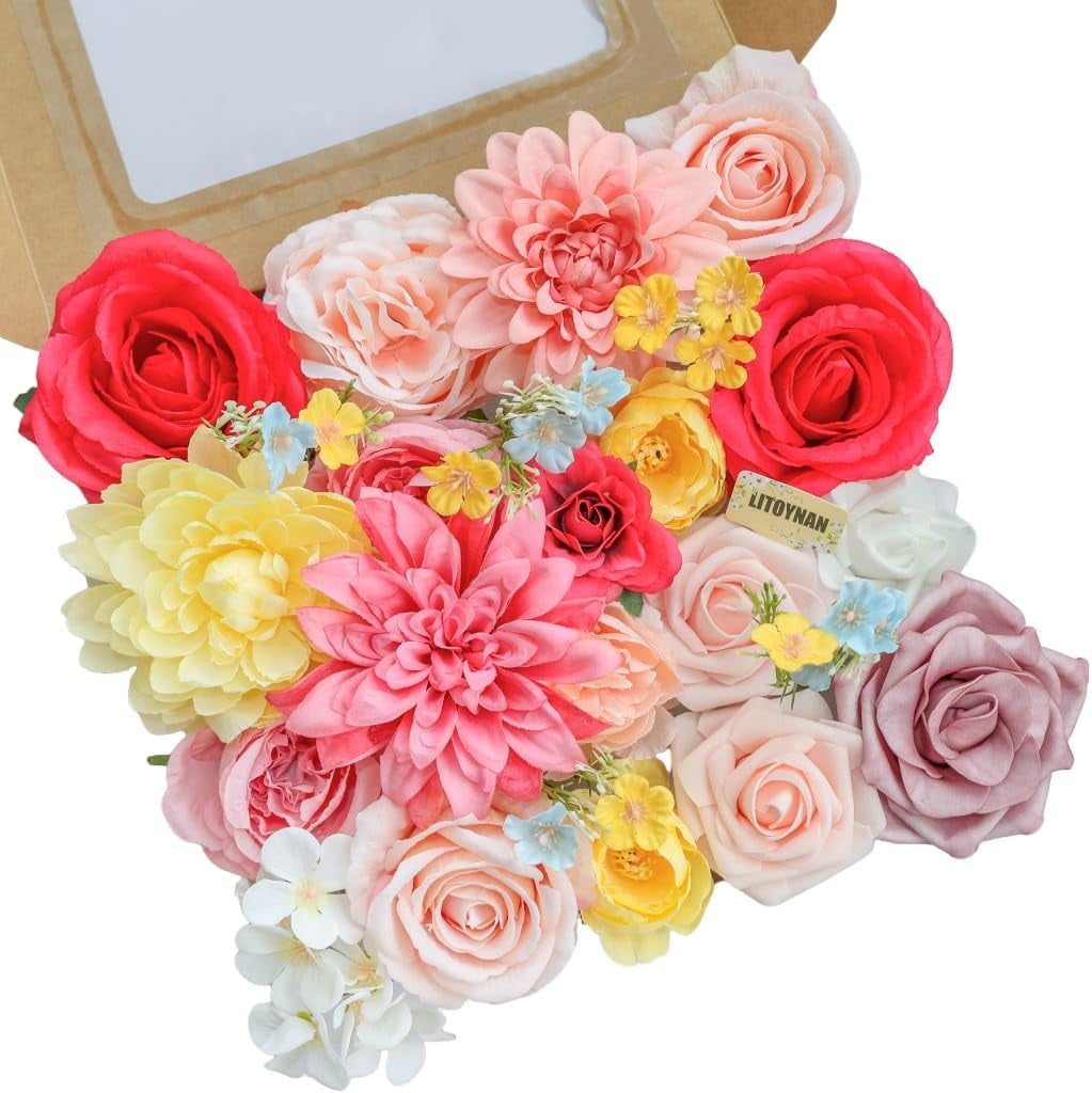 Artificial Flower Box Set Pink & Yellow Silk Flowers Rose Faux Flowers ...