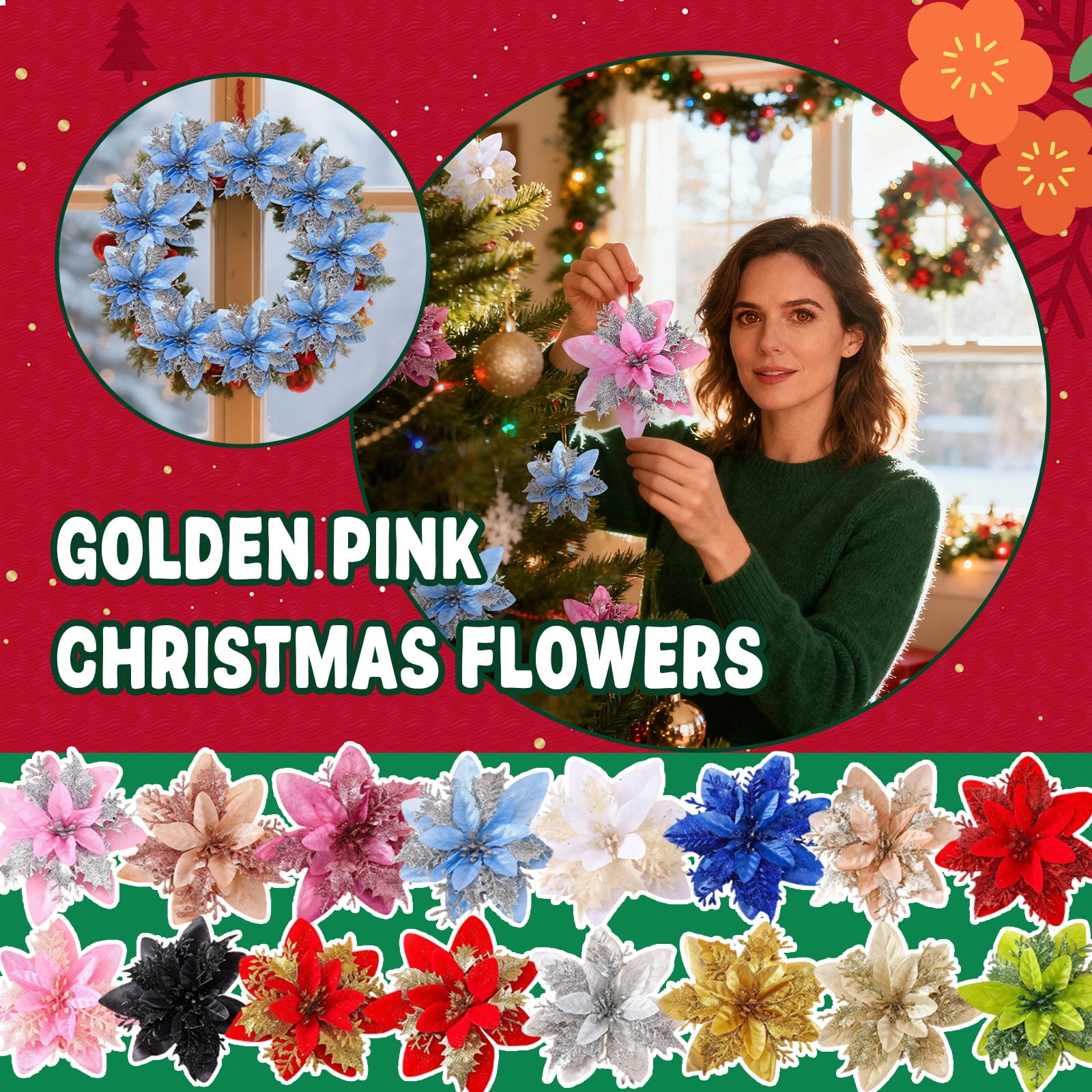 Artificial Flower Clip Decorative Poinsettia with Glitter Leaves for ...