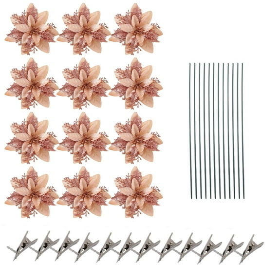 Artificial Flower Clip Decorative Poinsettia with Glitter Leaves for ...