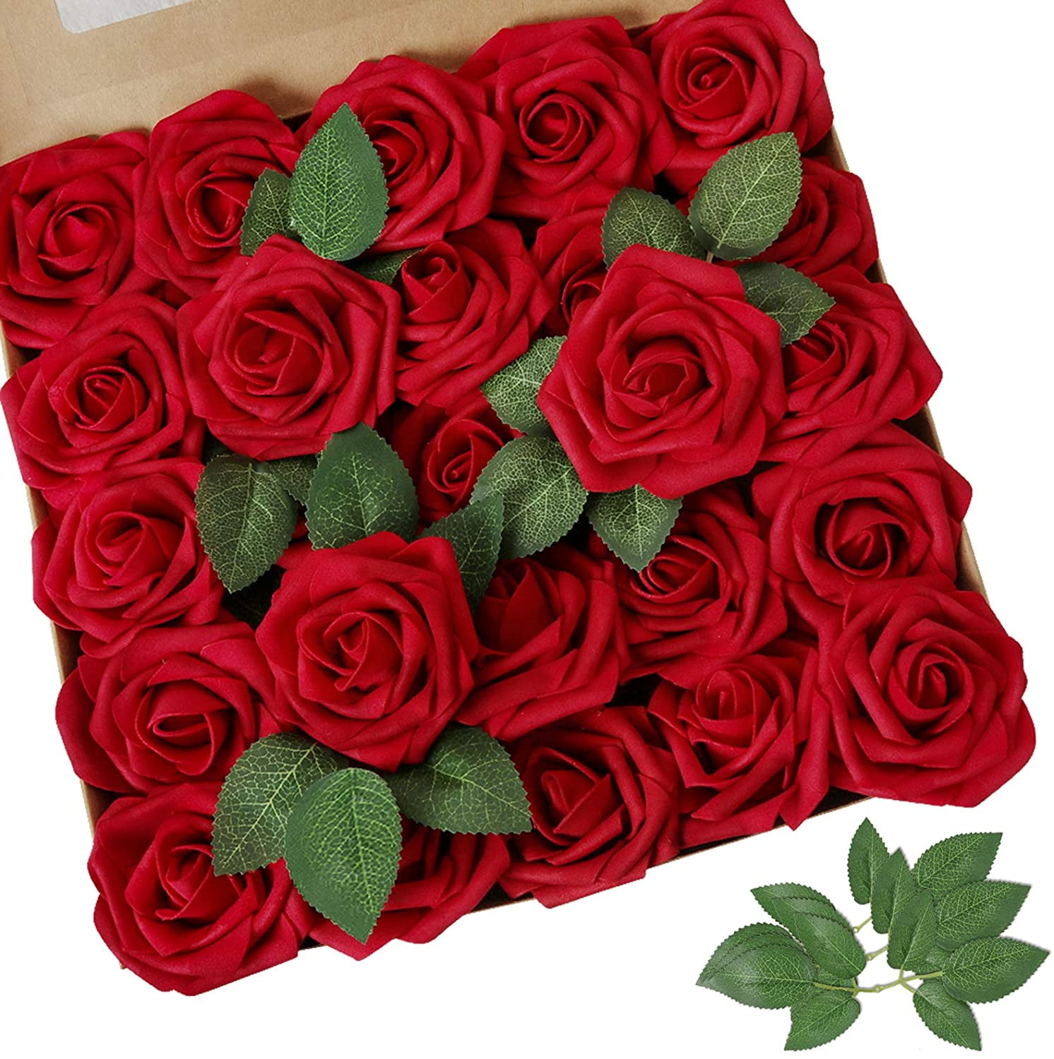 Artificial Flower Dark Red Rose 25pcs Real Looking Fake Roses w/Stem ...