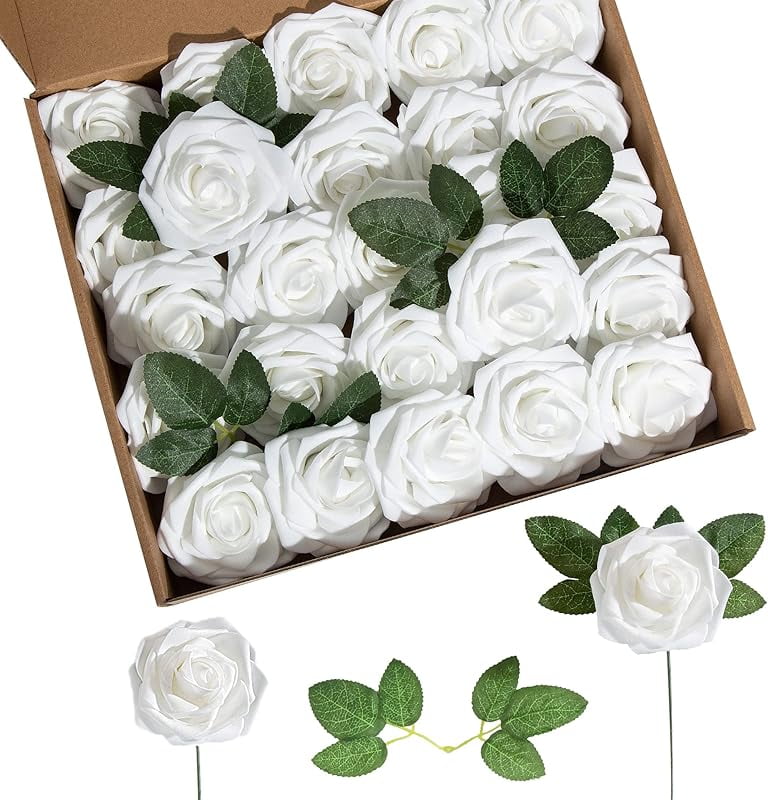 Artificial Flower Foam Rose 25pcs Real Looking Fake Rose with Stems ...