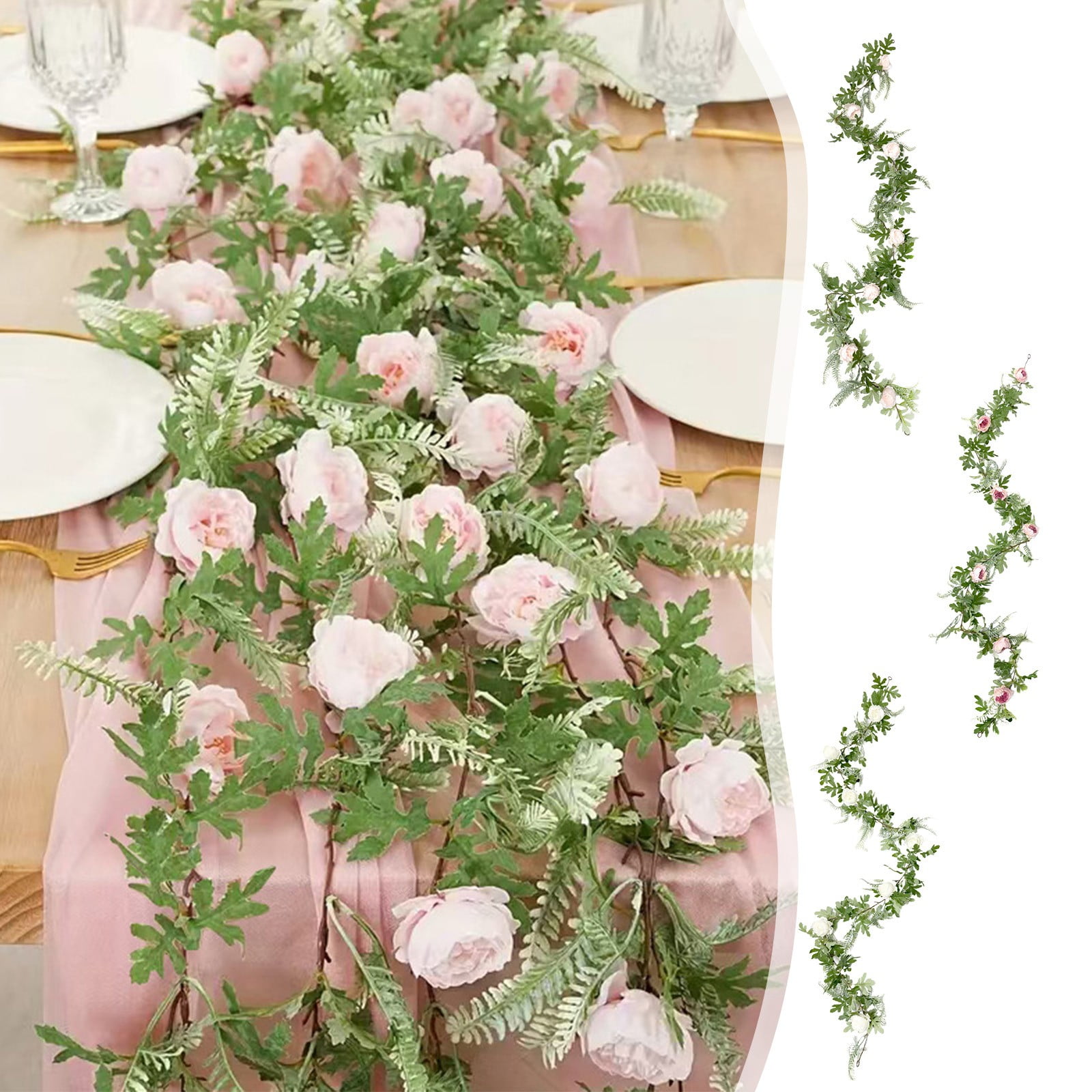 Artificial Flower Garland 6FT | White Roses & Gypsophila | Silk Leaves ...