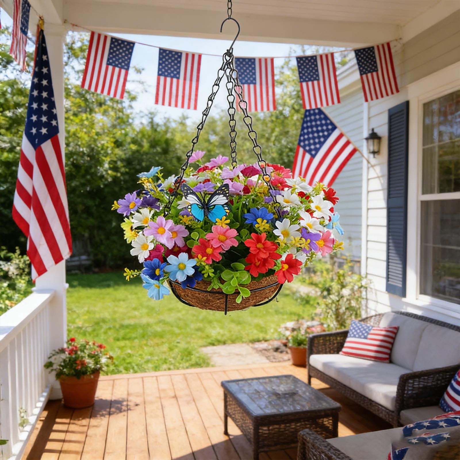 Artificial Flower Hanging Basket, 4th of July Red White Blue Green ...