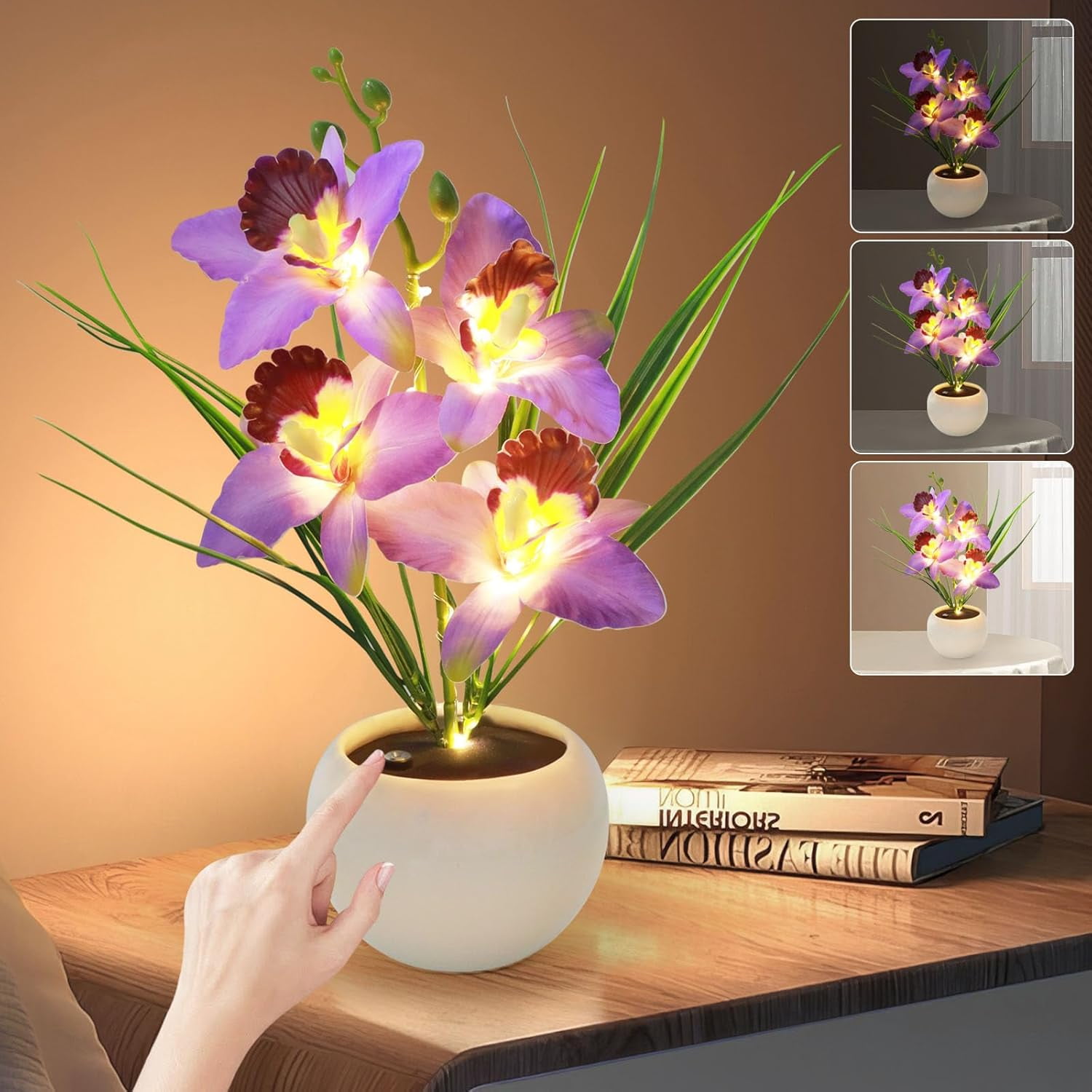 Artificial Flower Night Light, Touch Stepless Dimming Cordless Orchid ...