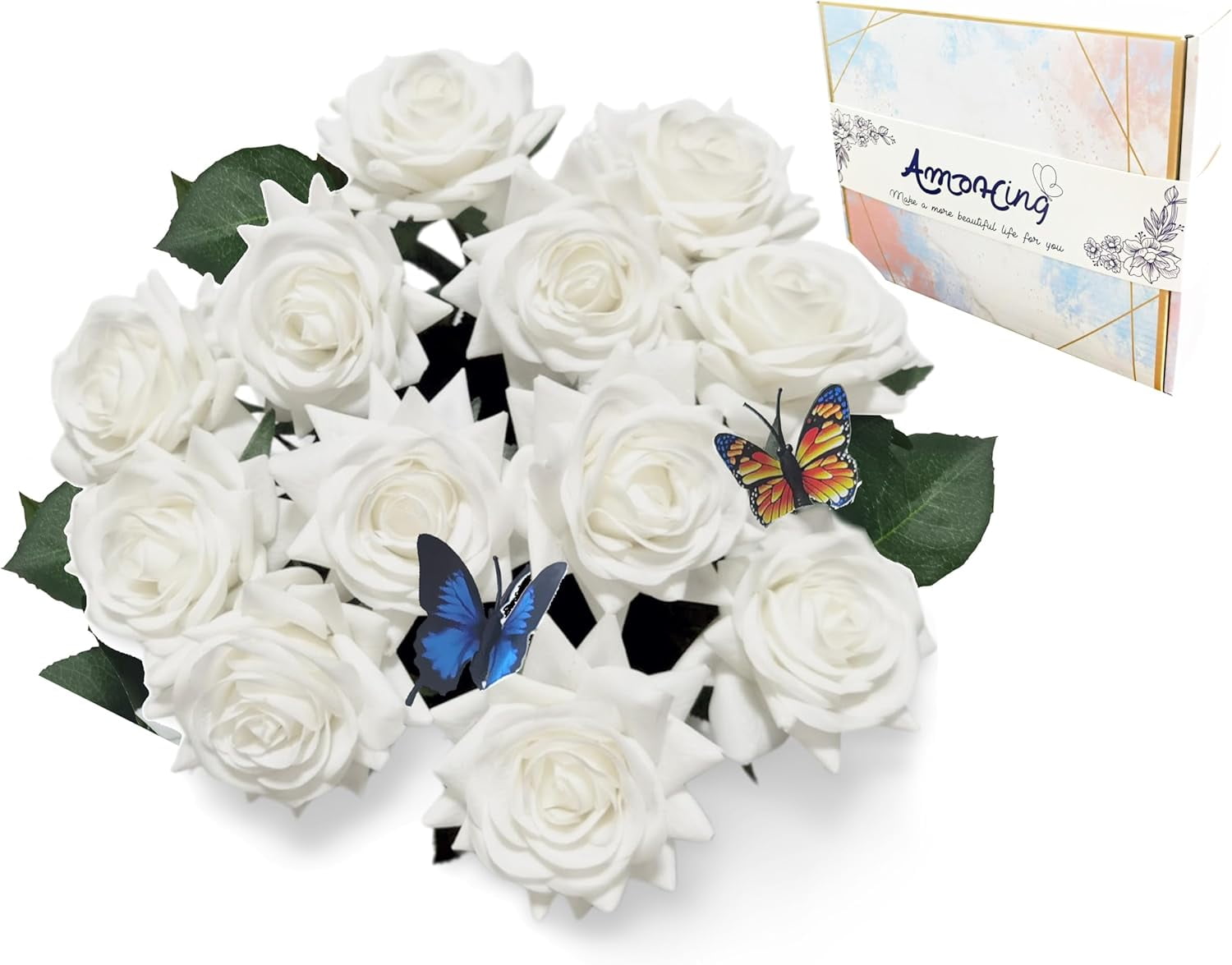 Artificial Flower Rose Bouquet Odorless, 12-Stem Lifelike Single Rose ...