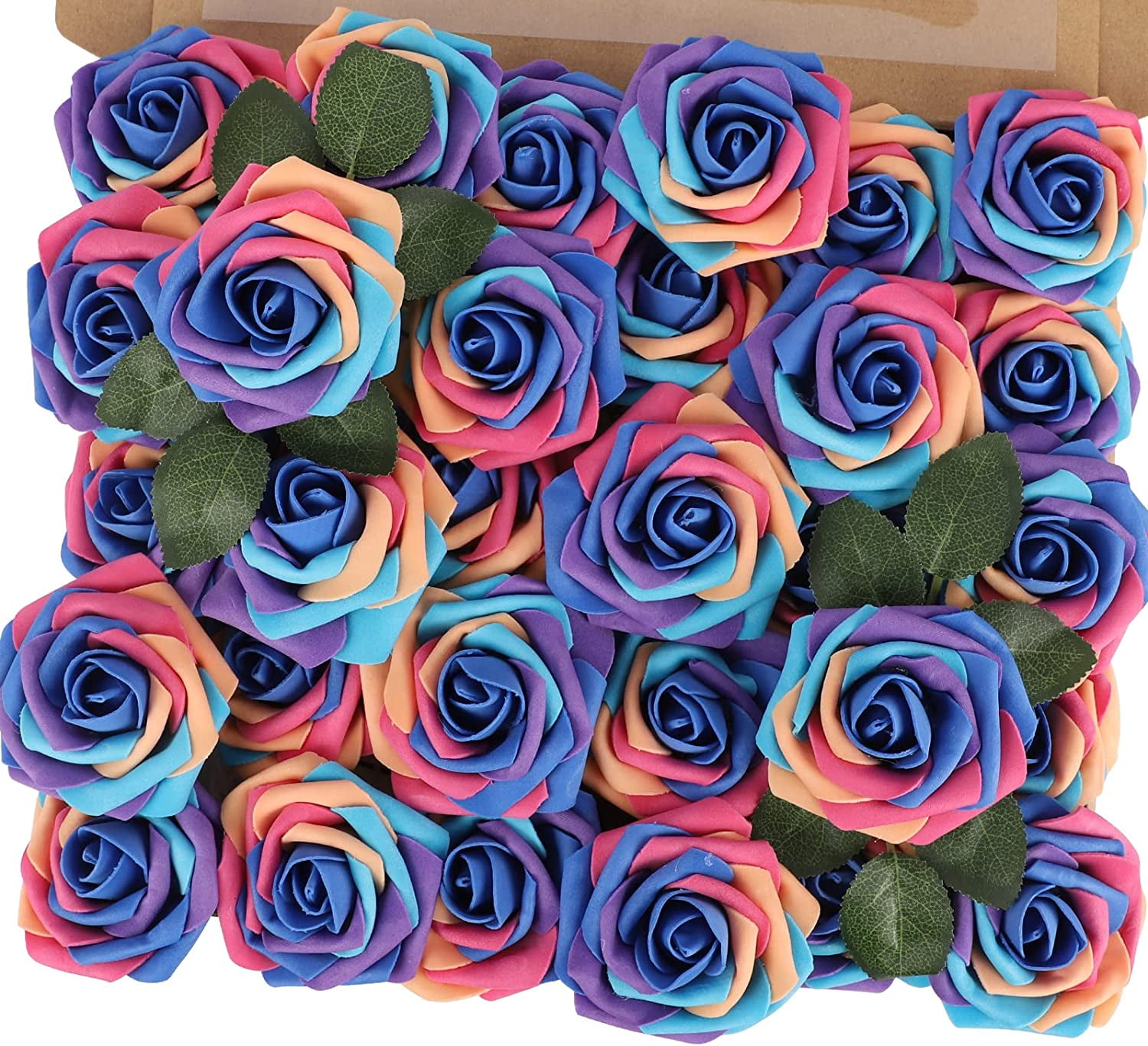 Artificial Flower Roses 30PCS Real Touch Fake Flowers with Stem Rainbow ...