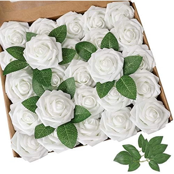 Artificial Flower White Rose 25pcs Real Looking Fake Roses w/Stem for ...