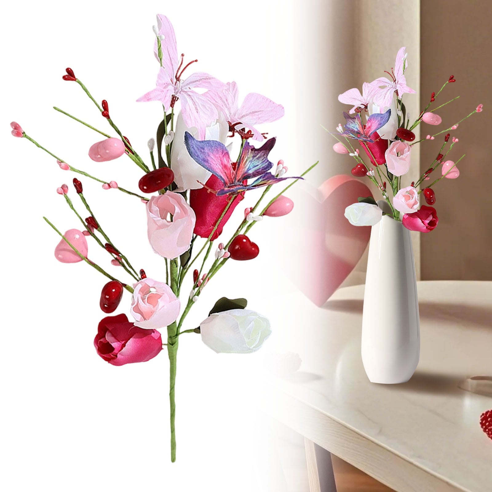 Artificial Flower with Butterfly Heart & Berry Combo, Fake Tulip ...