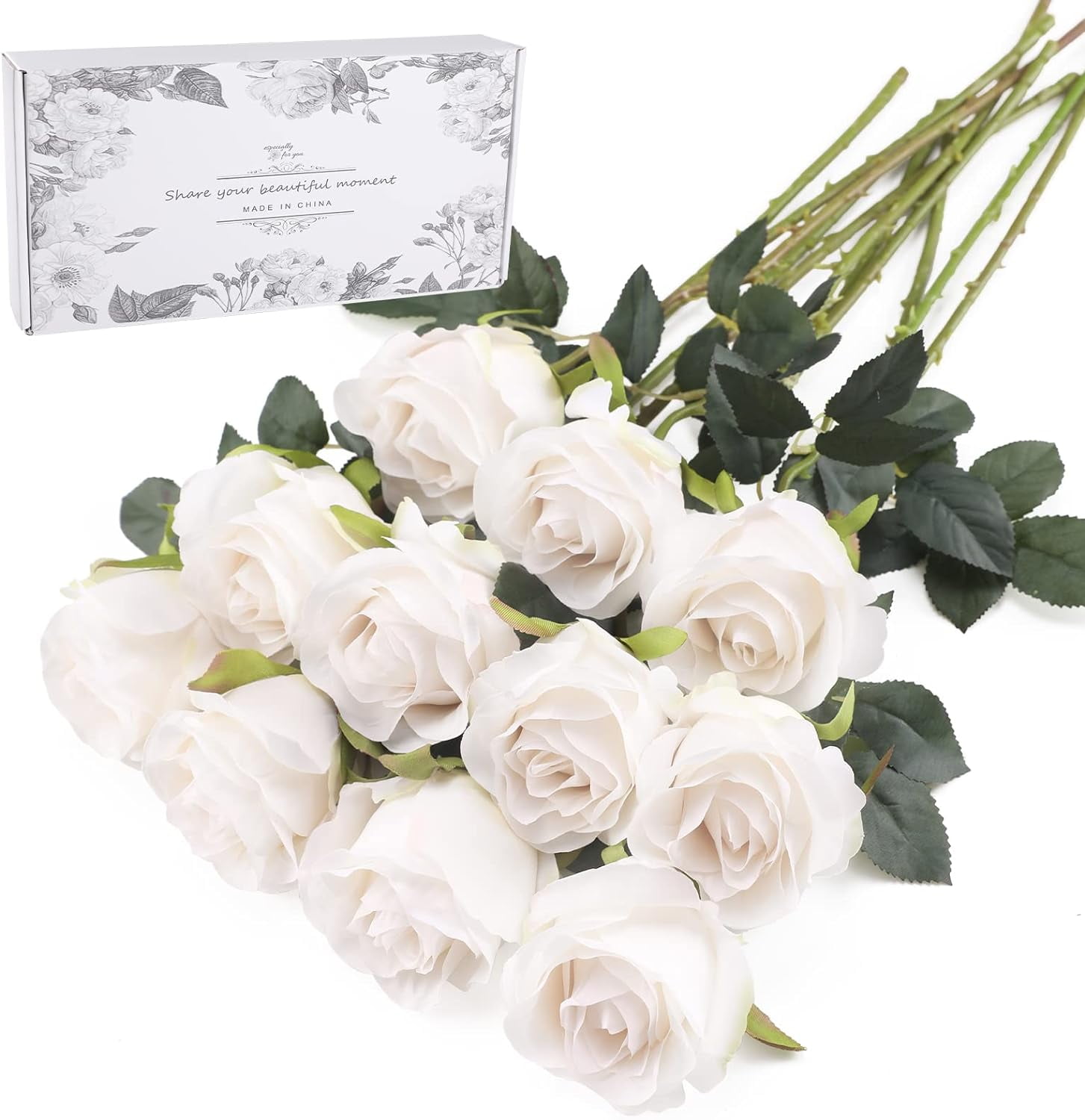 Artificial Flowers 10 PCS Silk Roses with Long Stems Faux Realistic ...