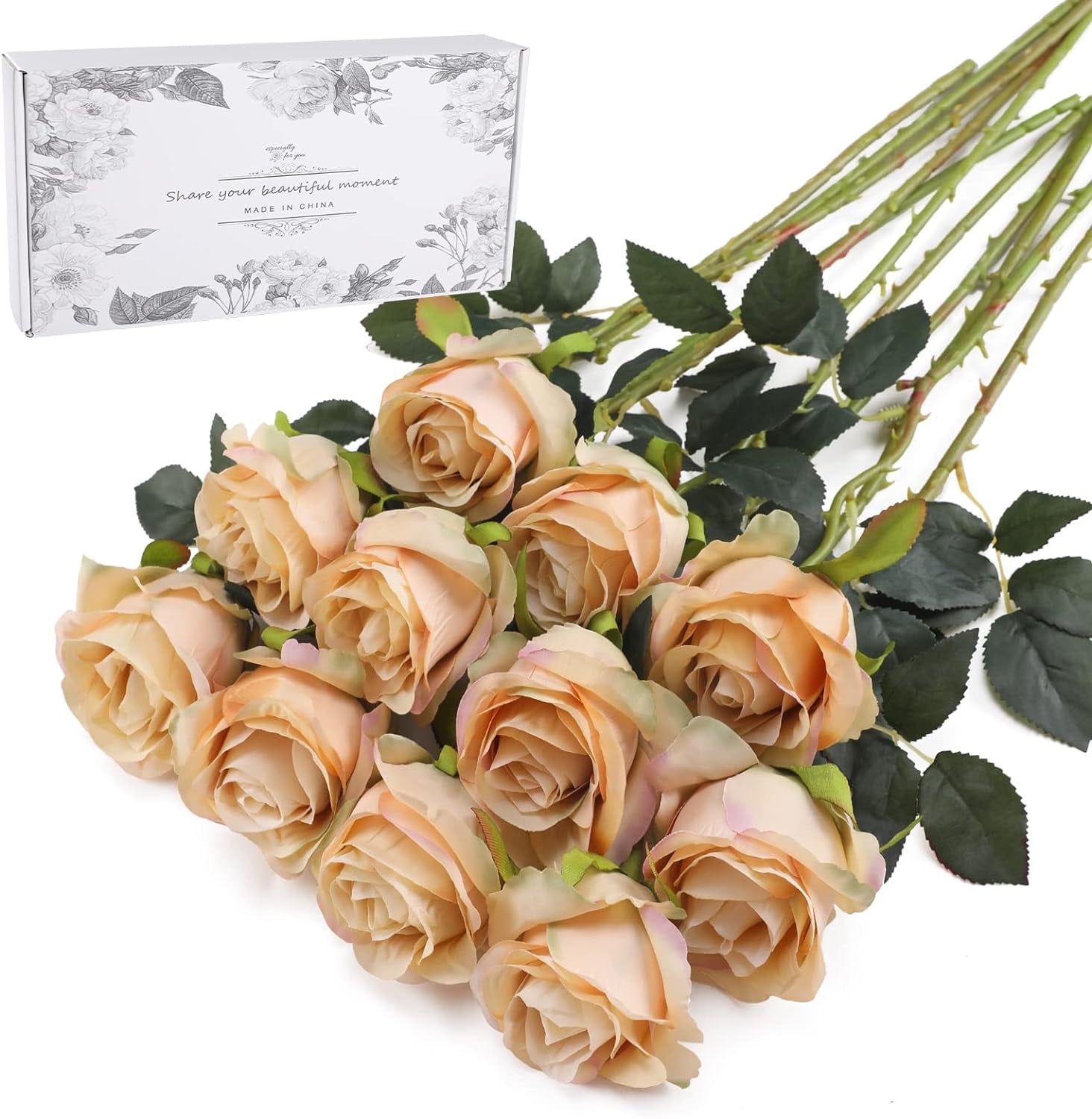 Artificial Flowers 10 PCS Silk Roses with Long Stems Faux Realistic ...
