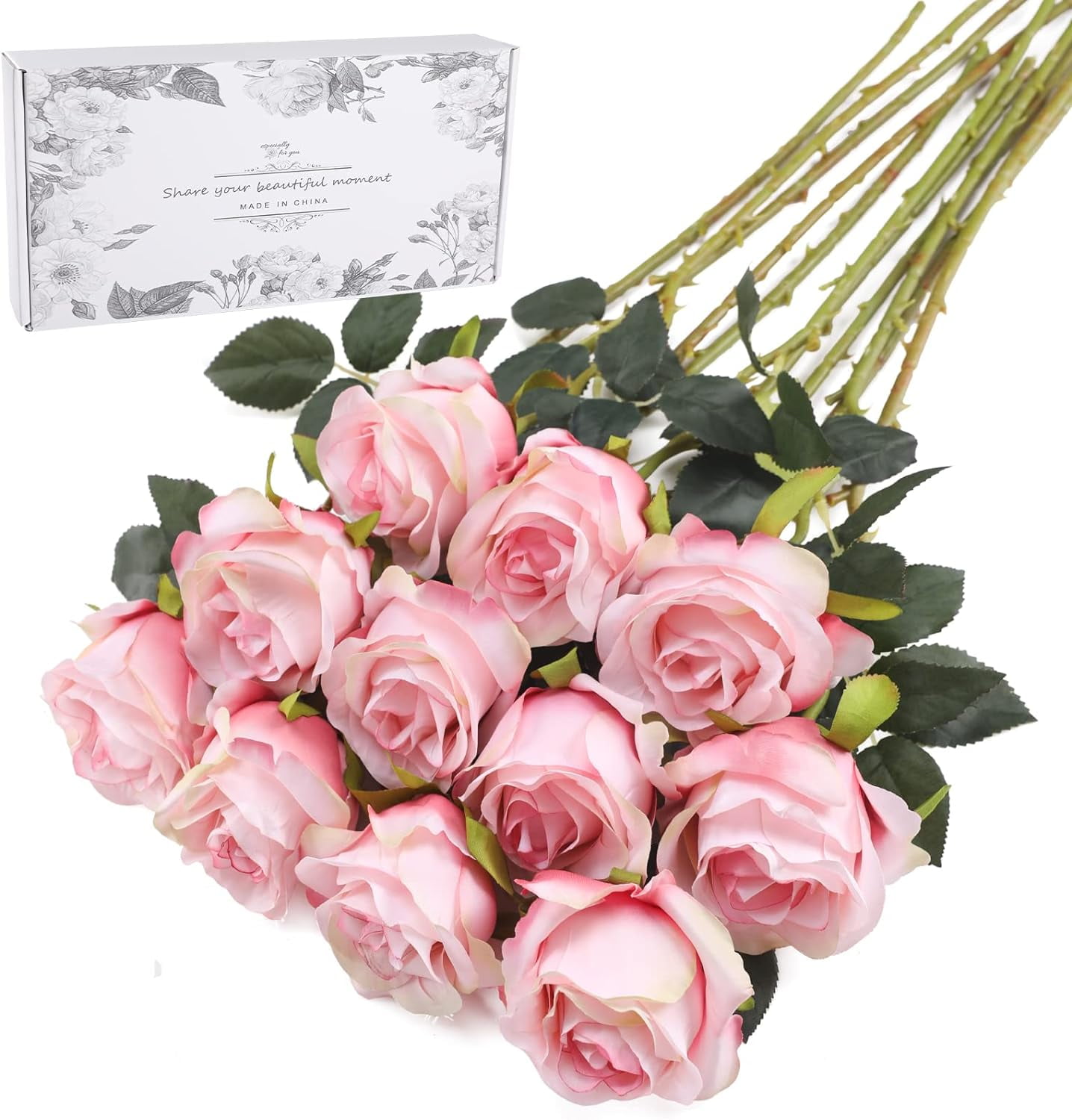 Artificial Flowers 10 PCS Silk Roses with Long Stems Faux Realistic ...