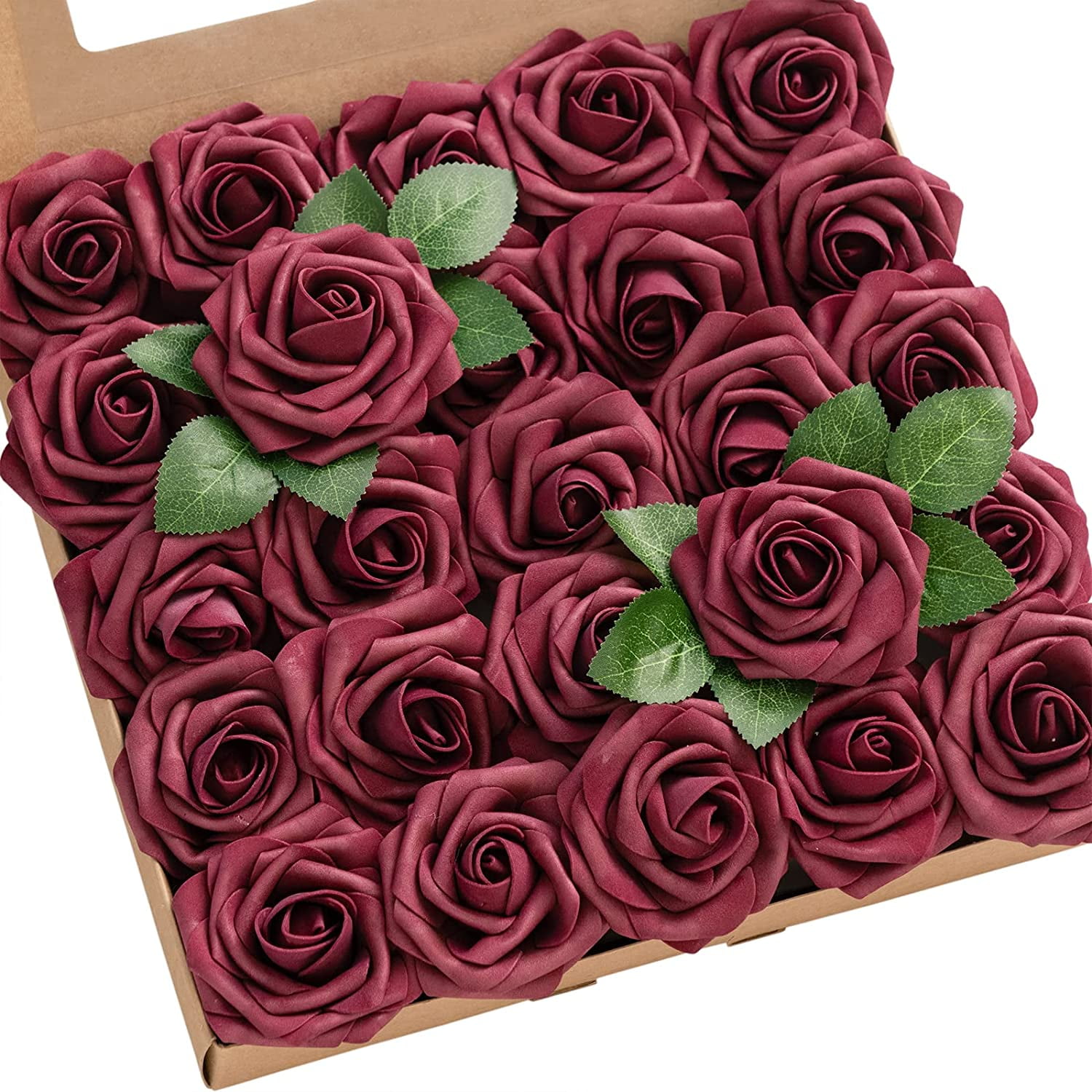 Artificial Flowers 25Pcs Burgundy Roses Decor w/Stems, Real Touch DIY ...