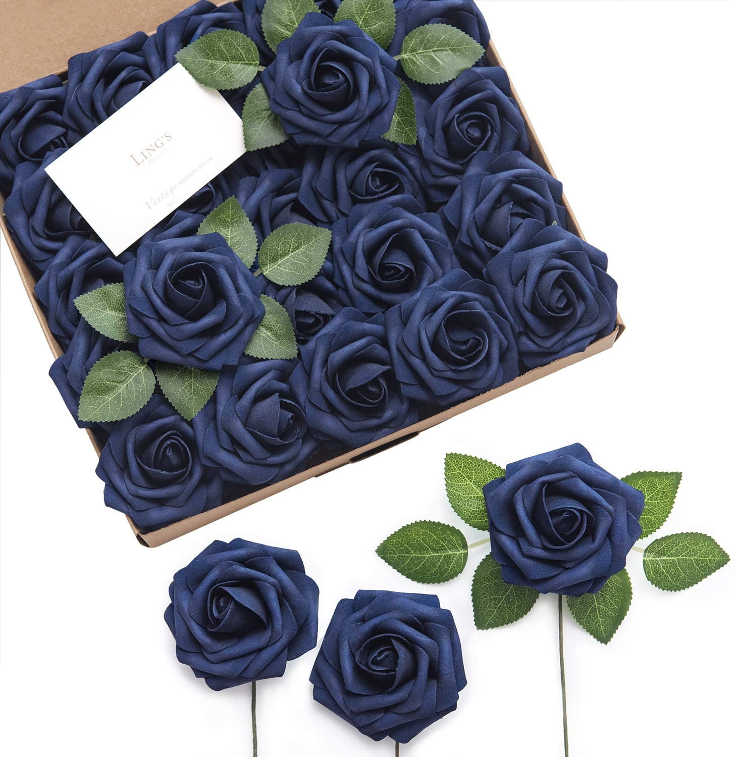 Artificial Flowers 25Pcs Deep Navy Blue Roses Decor w/Stems,3" Real ...