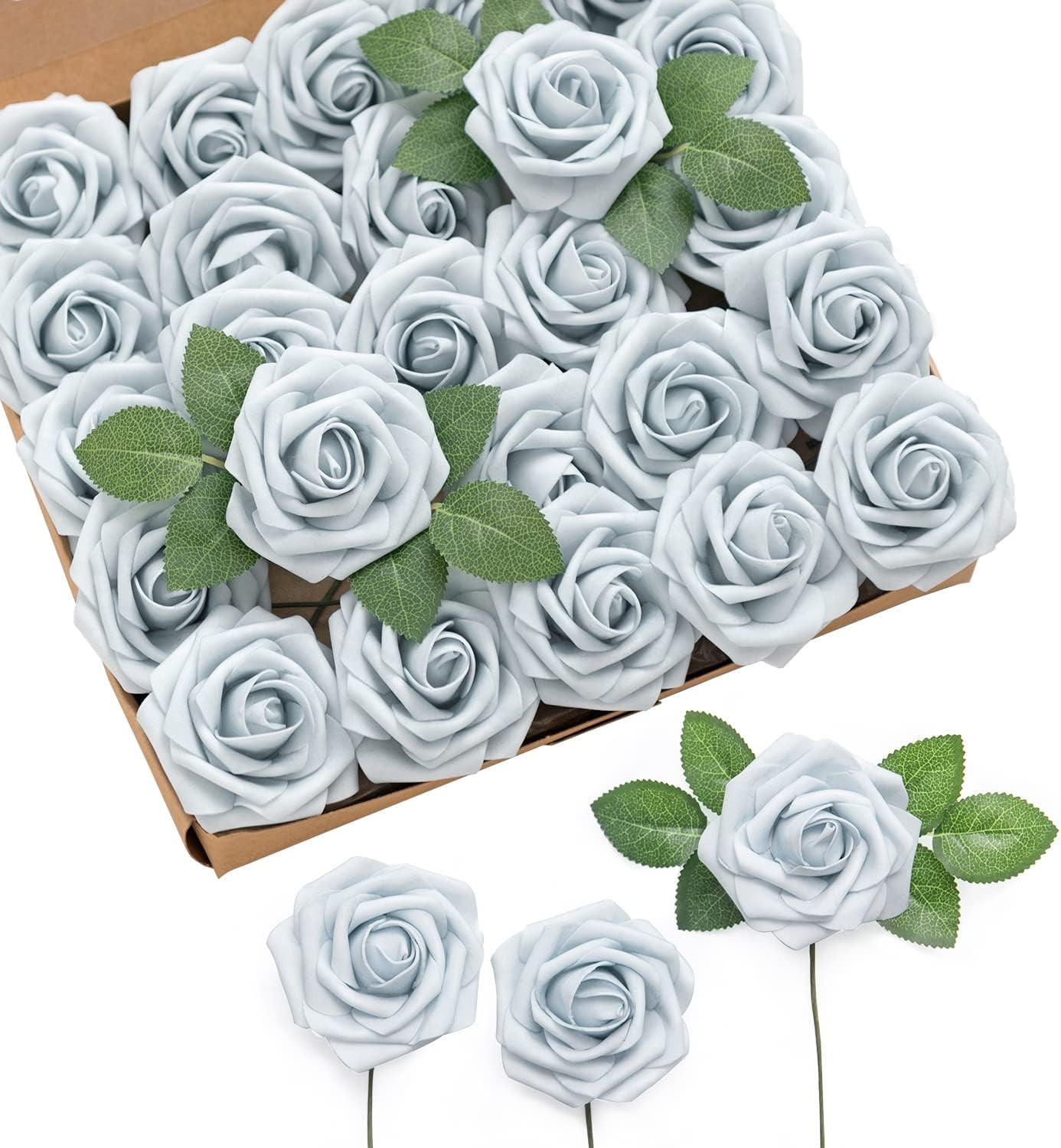 Artificial Flowers 25Pcs Powder Blue Roses Decor w/Stems,3" Real Touch ...