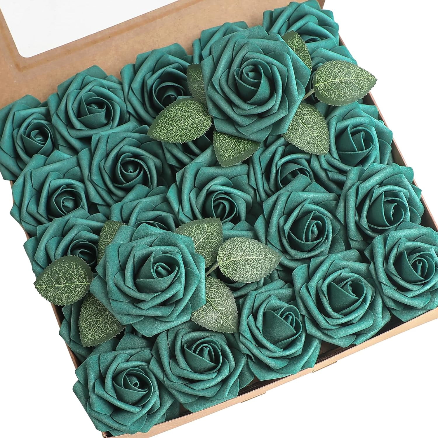 Artificial Flowers 25pcs Real Looking Dark Teal Foam Fake Roses with Stems for DIY Wedding ...