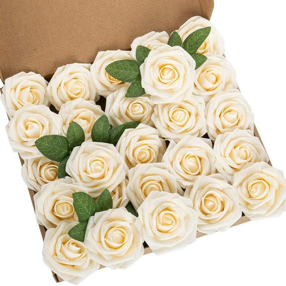 Artificial Flowers 50pcs Real Looking Ivory Foam Fake Roses with Stems ...