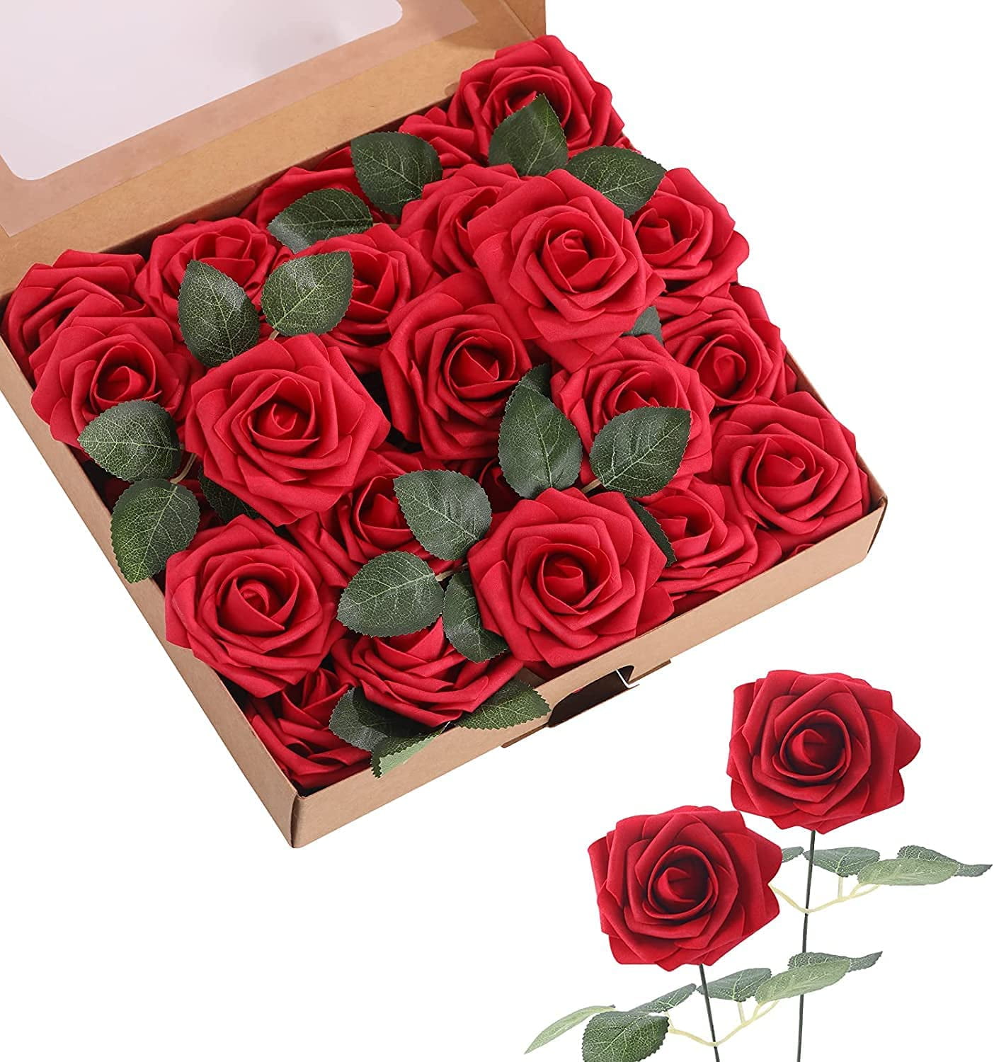 Artificial Flowers 25pcs Real Touch Fake Rose with Stems Foam Roses ...