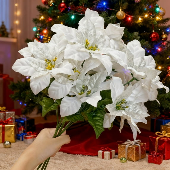 Artificial Flowers under $5! Bzdzmqm 7-Head Gold Glitter Christmas ...