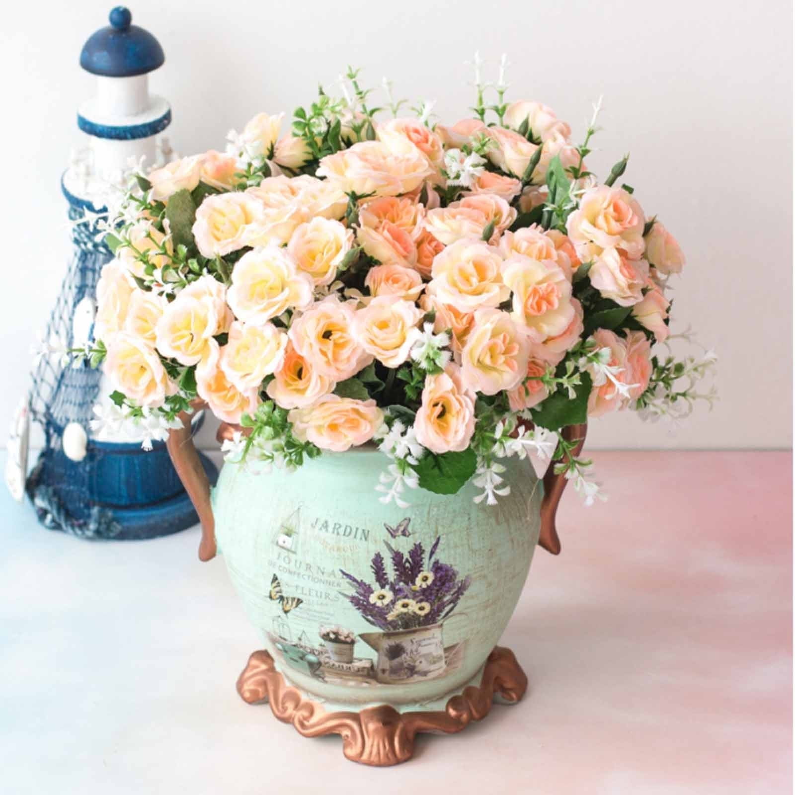 Artificial Flowers 5 Forks 15 Mini Roses Plastic Home Decor Fake Plants ...