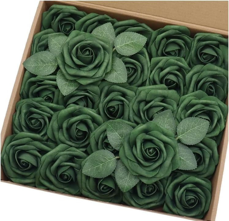 Artificial Flowers 50PCS Real Looking Emerald Green Fake Roses with ...