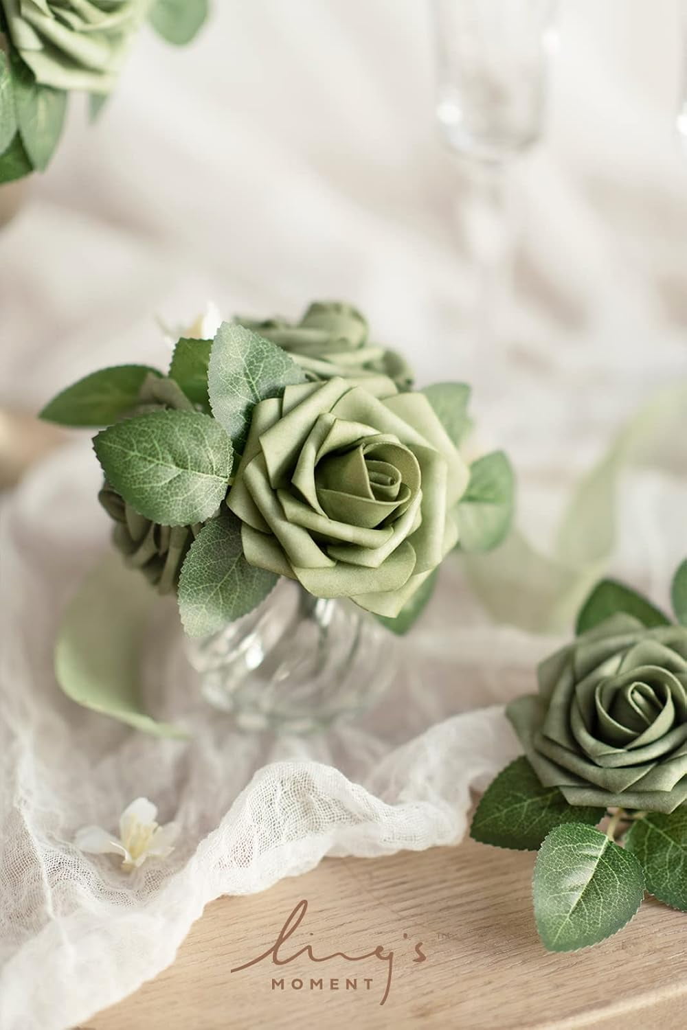 Artificial Flowers 50Pcs Elf Green Roses Decor with Stems, 3" Real ...