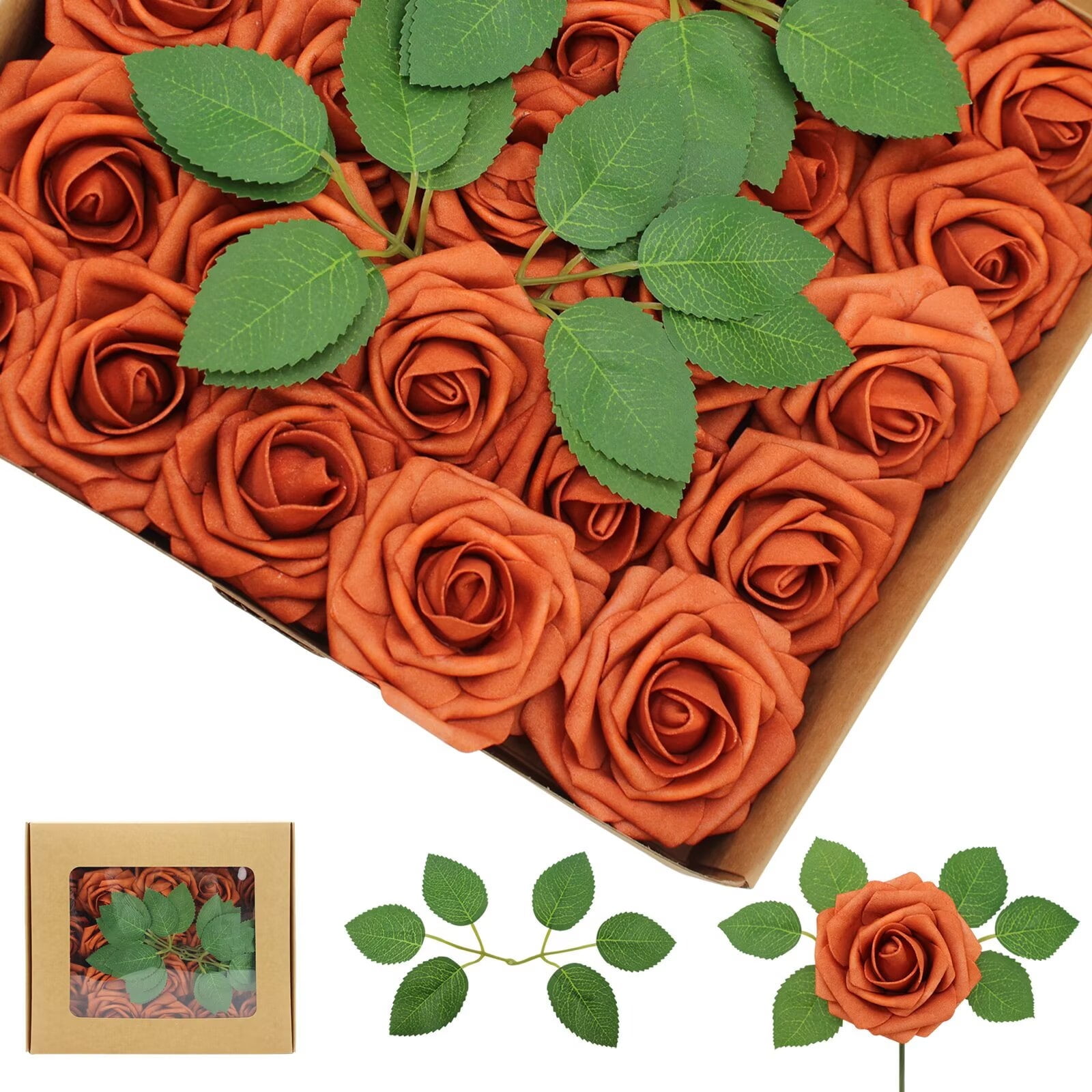 Artificial Flowers Burnt Orange Roses 50PCS Real Looking Foam Fake ...