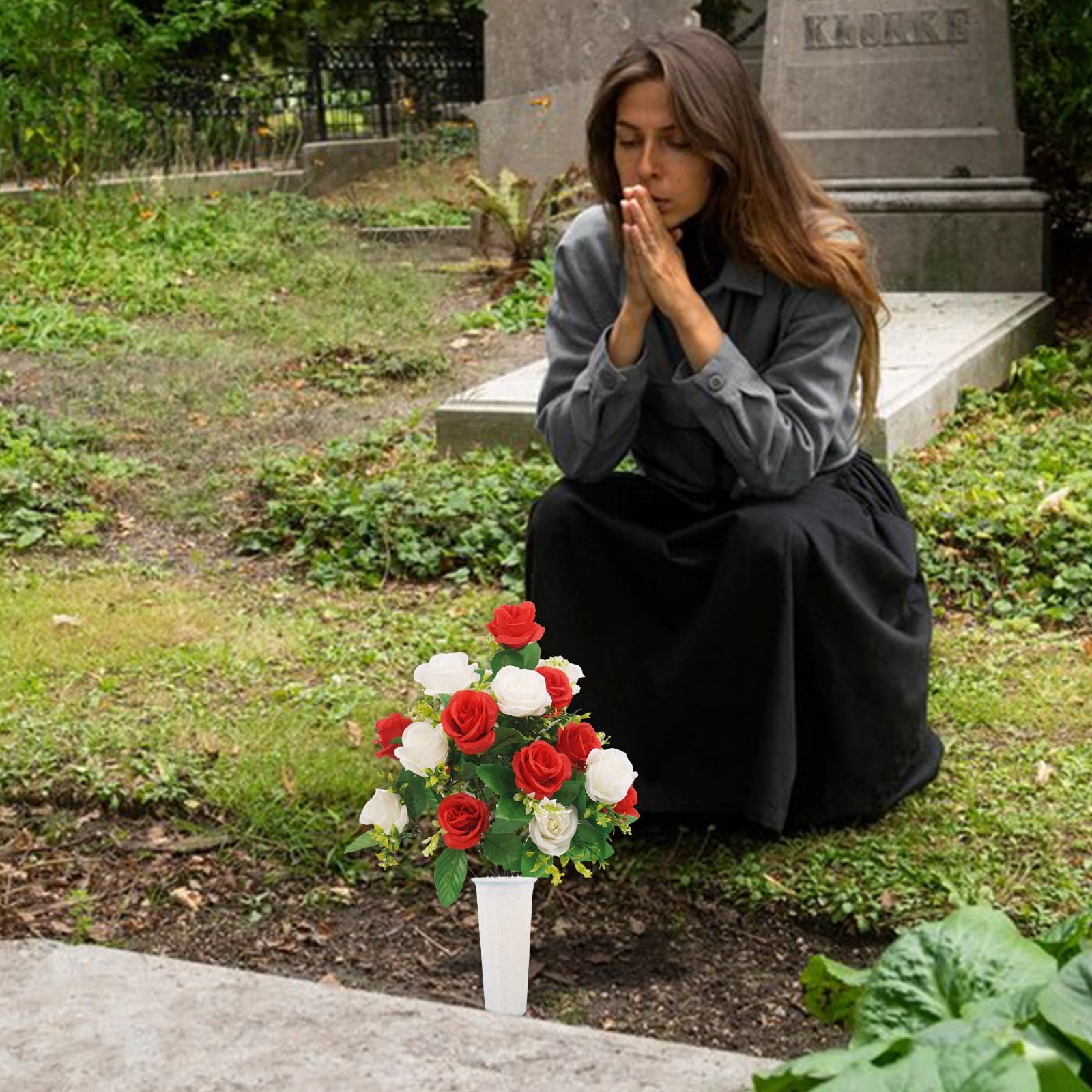 Artificial Flowers for Cemetery, Rose Grave Flower with Vases and ...