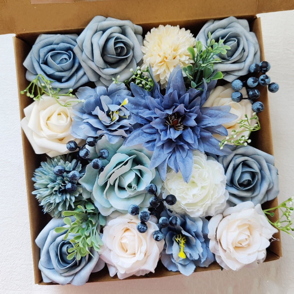 Artificial Flowers Dusty Blue Fake Flowers Real Looking Roses Combo Box ...