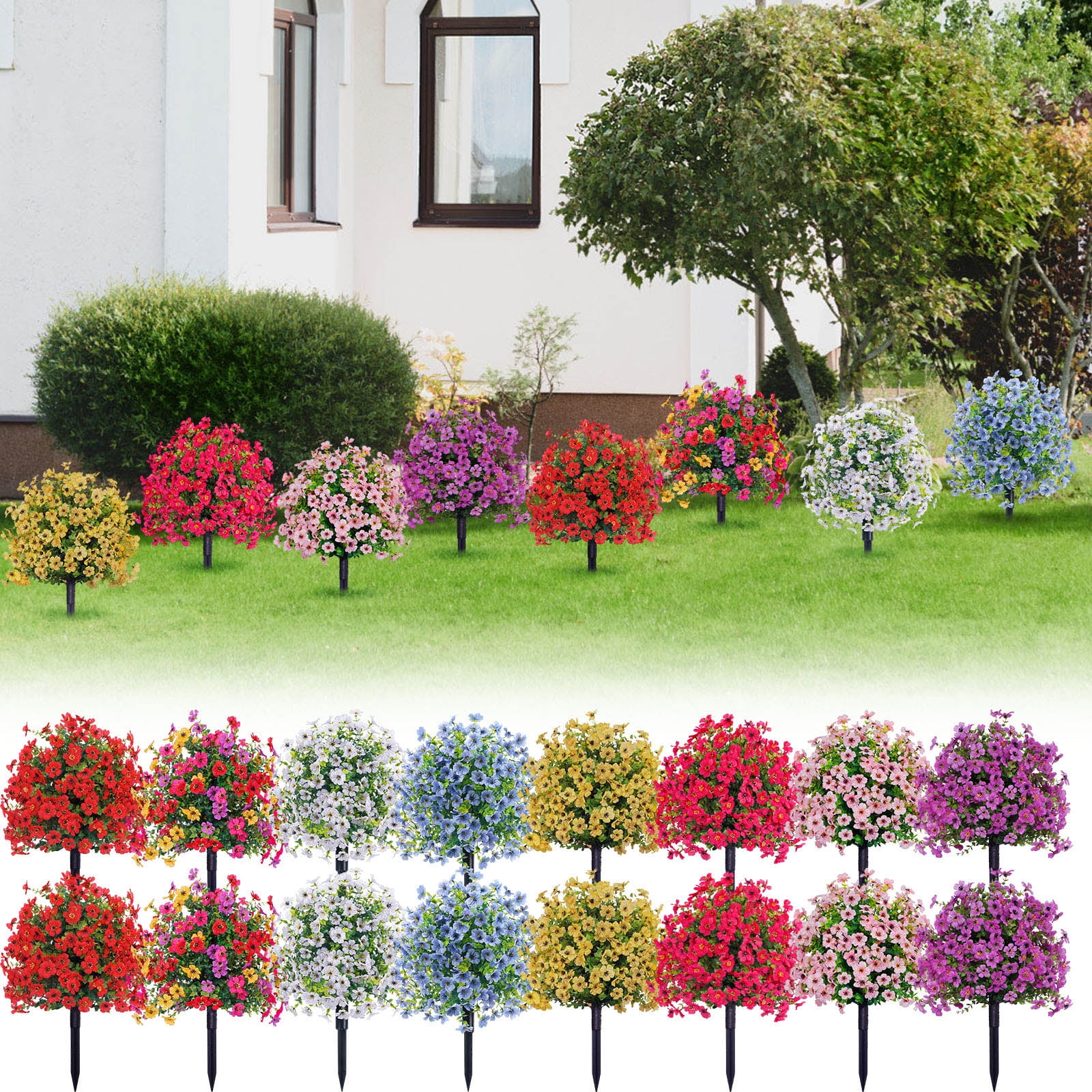 Artificial Flowers with Ground Spikes, Garden Stake Faux Greenery ...