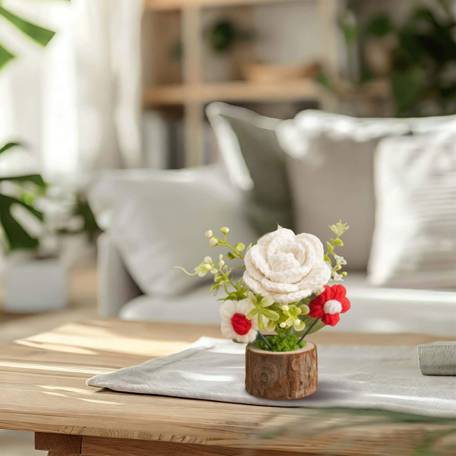 Artificial Flowers,Hand Woven Rose Ornament Log Base Wool Flower ...