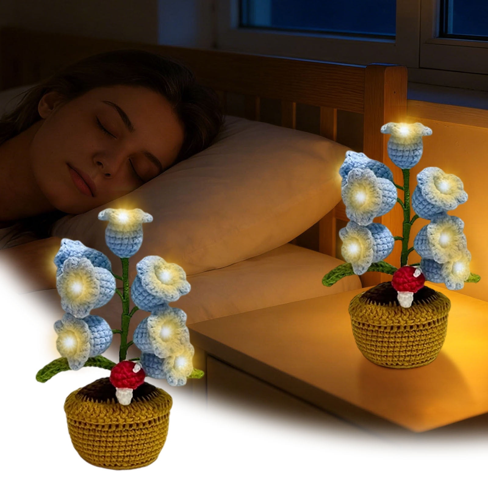 Artificial Flowers Handmade Crochet Lily Night Light Lamp with 7 Warm ...