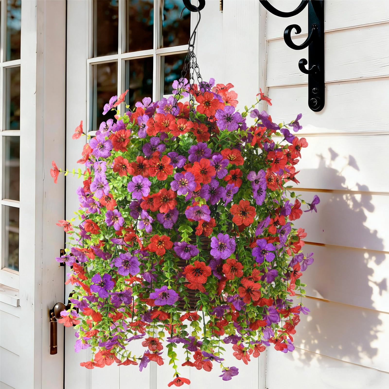 Artificial Flowers Hanging Baskets Red Purple 4 Branches Outdoor Indoor ...