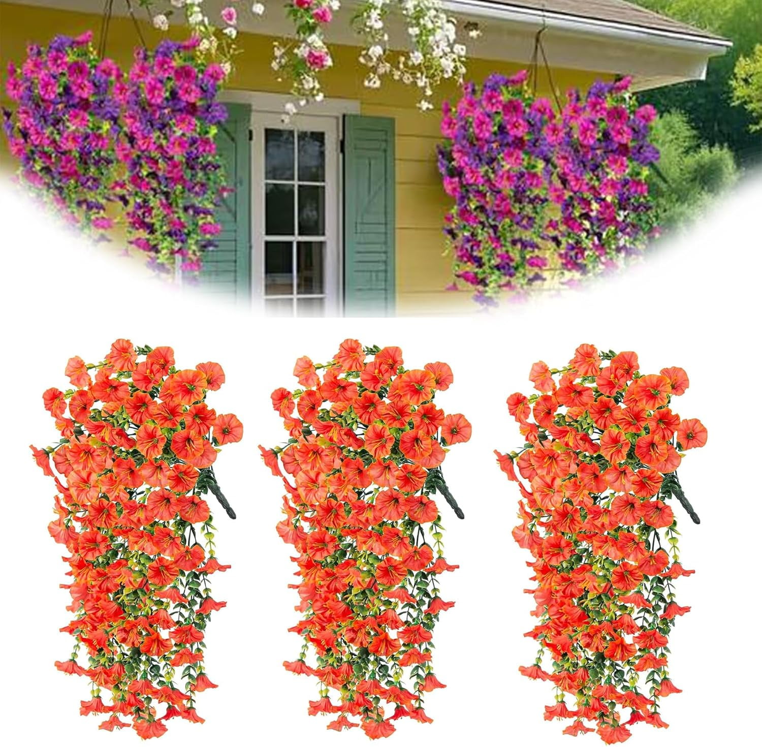 Artificial Flowers for Outdoors, Hanging Morning Glory Artificial Flowers, UV Resistant ...