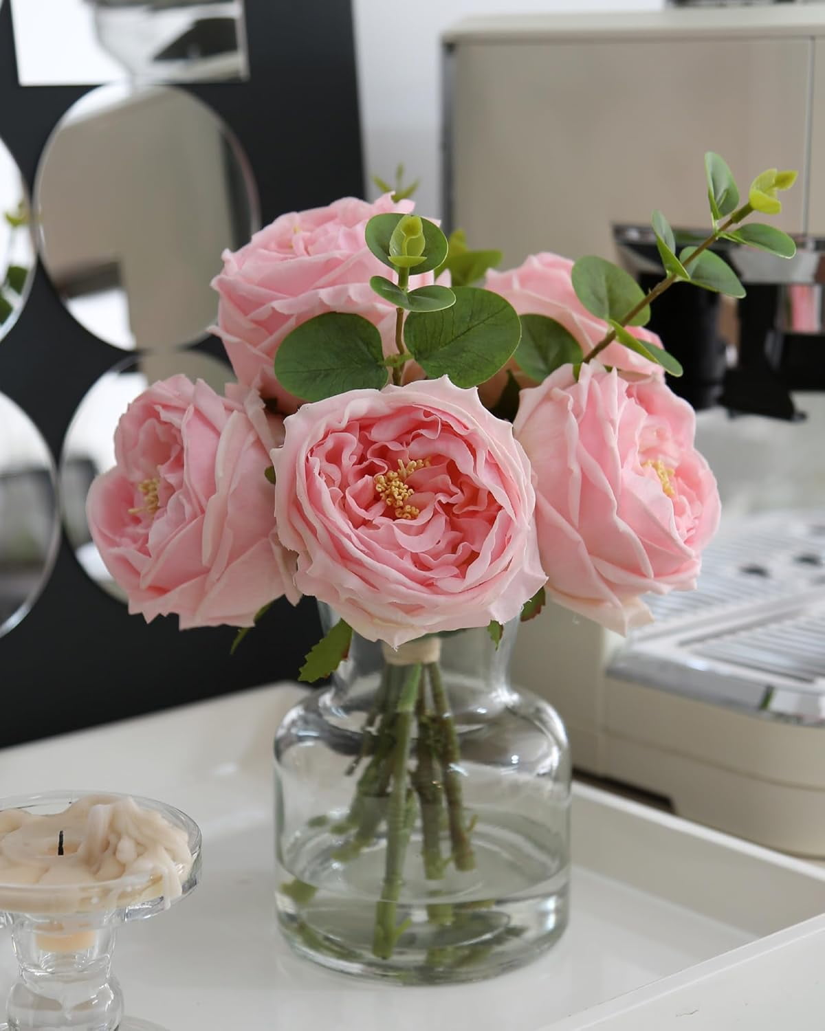 Artificial Flowers with Pink Roses in Vase, Lifelike Fake Flowers in ...