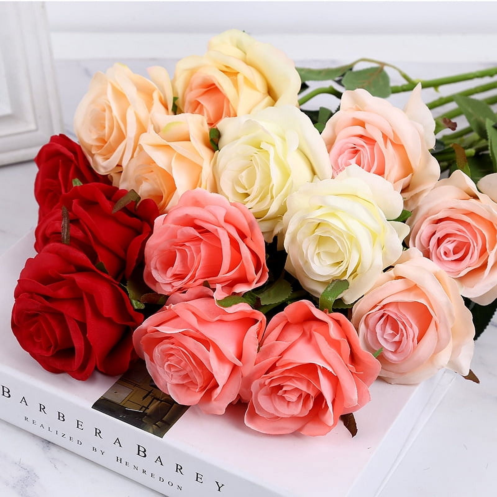 Artificial Flowers, Real Looking Blush Fake Rose Long Stem Silk ...